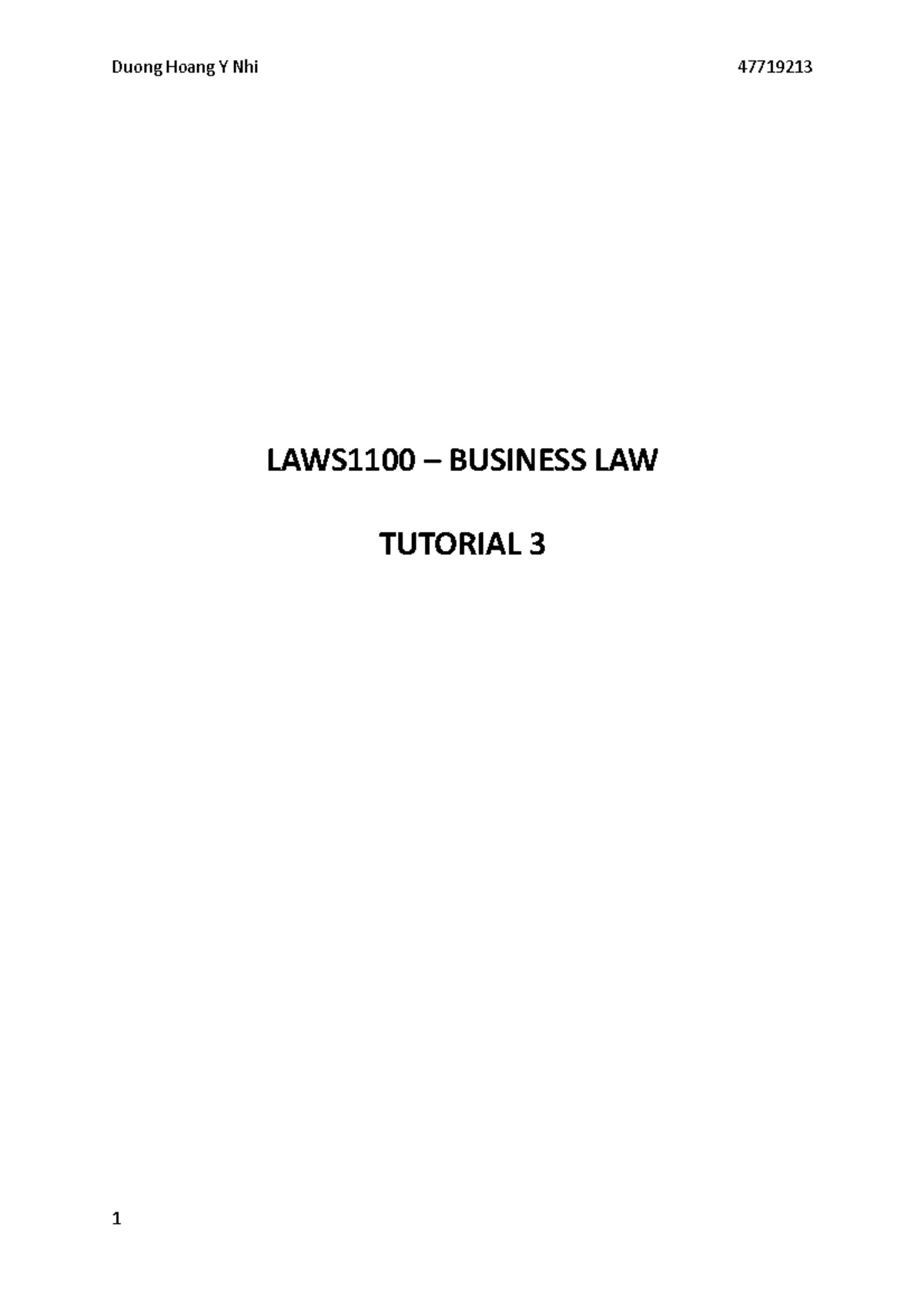 Tutorial 3 - LAWS1100 – BUSINESS LAW TUTORIAL 3 QUESTION Jack is an art ...