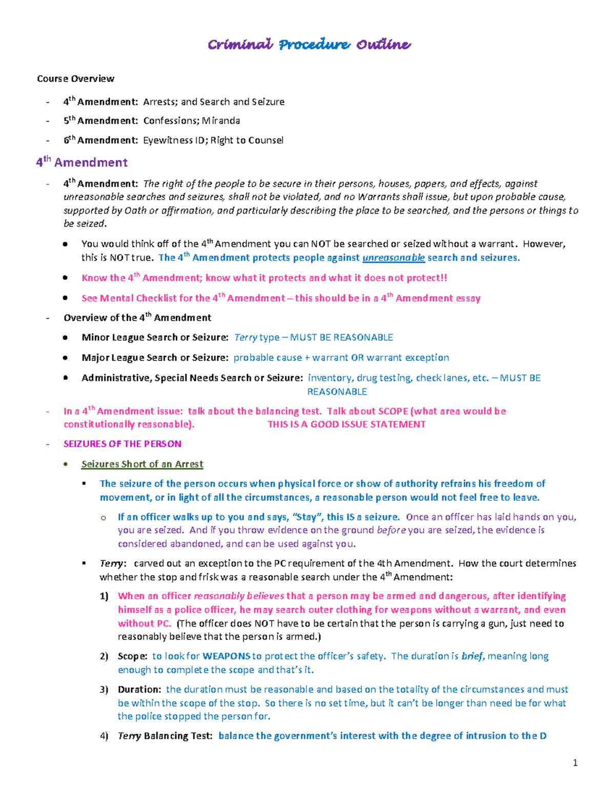 Crim Pro Outline - Swartz - Criminal Procedure Outline Course Overview ...