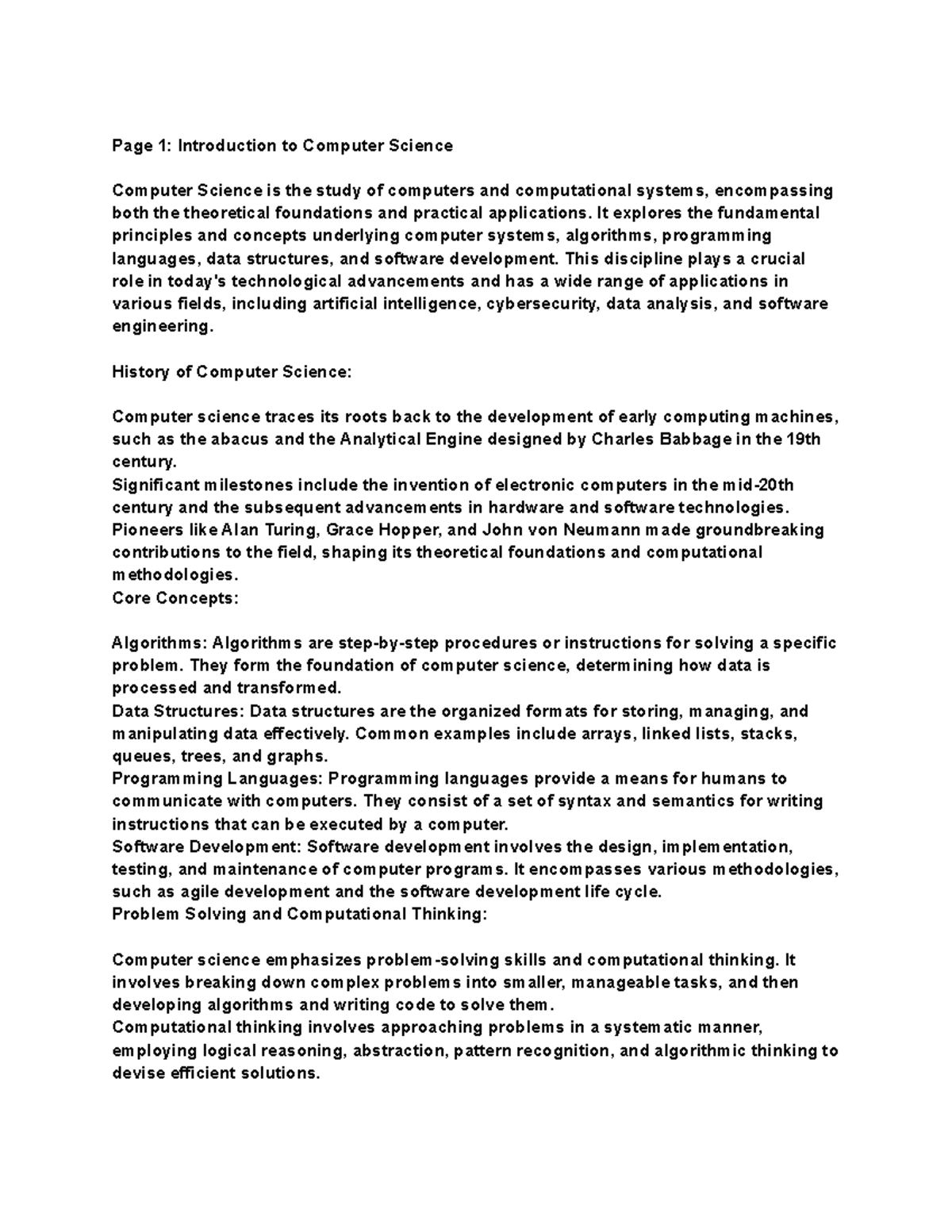 Intro To Computer Science Page 1 Introduction To Computer Science Computer Science Is The