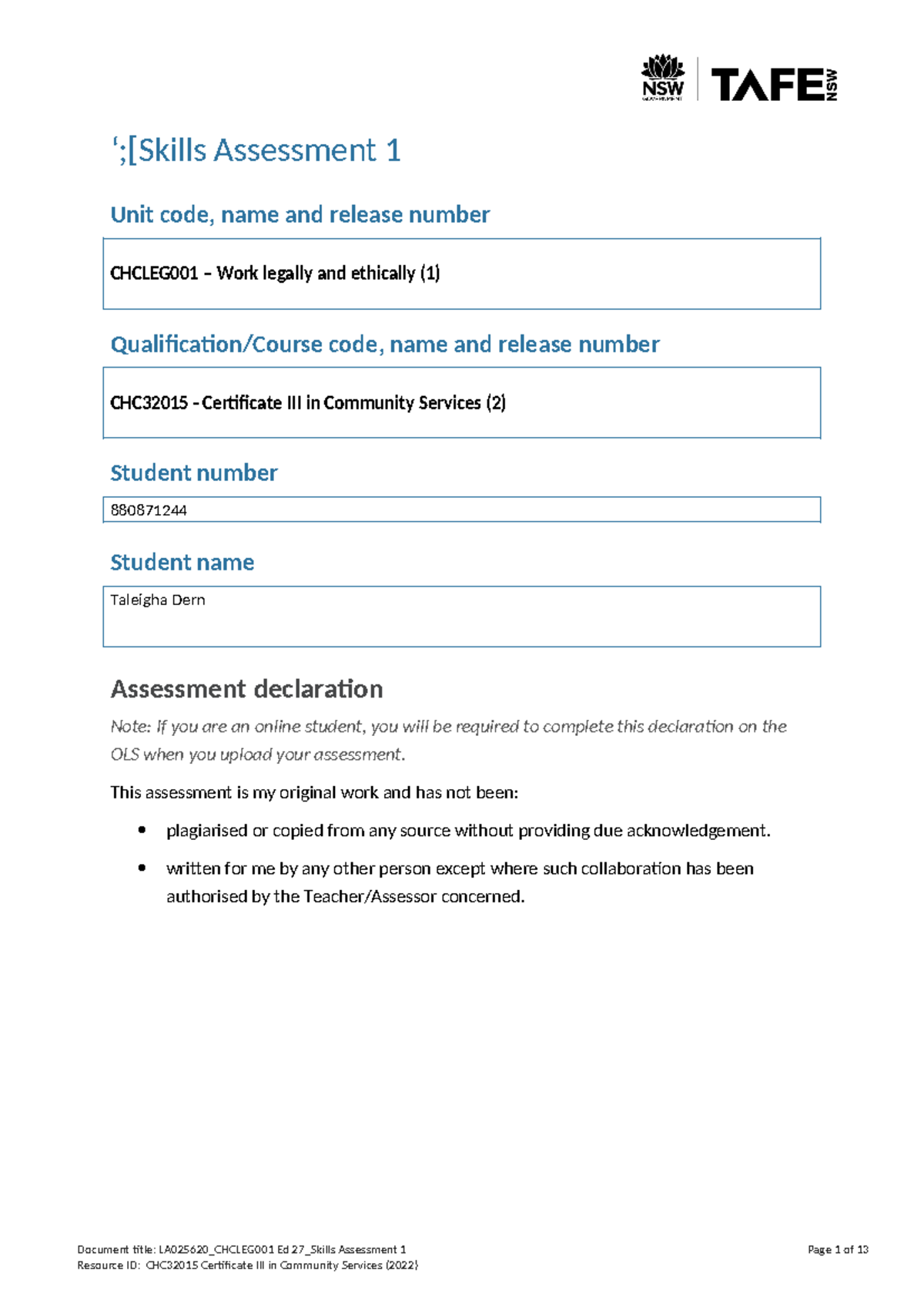 LA025620 Chcleg 001 SA - ‘;[Skills Assessment 1 Unit code, name and release number CHCLEG001 ...