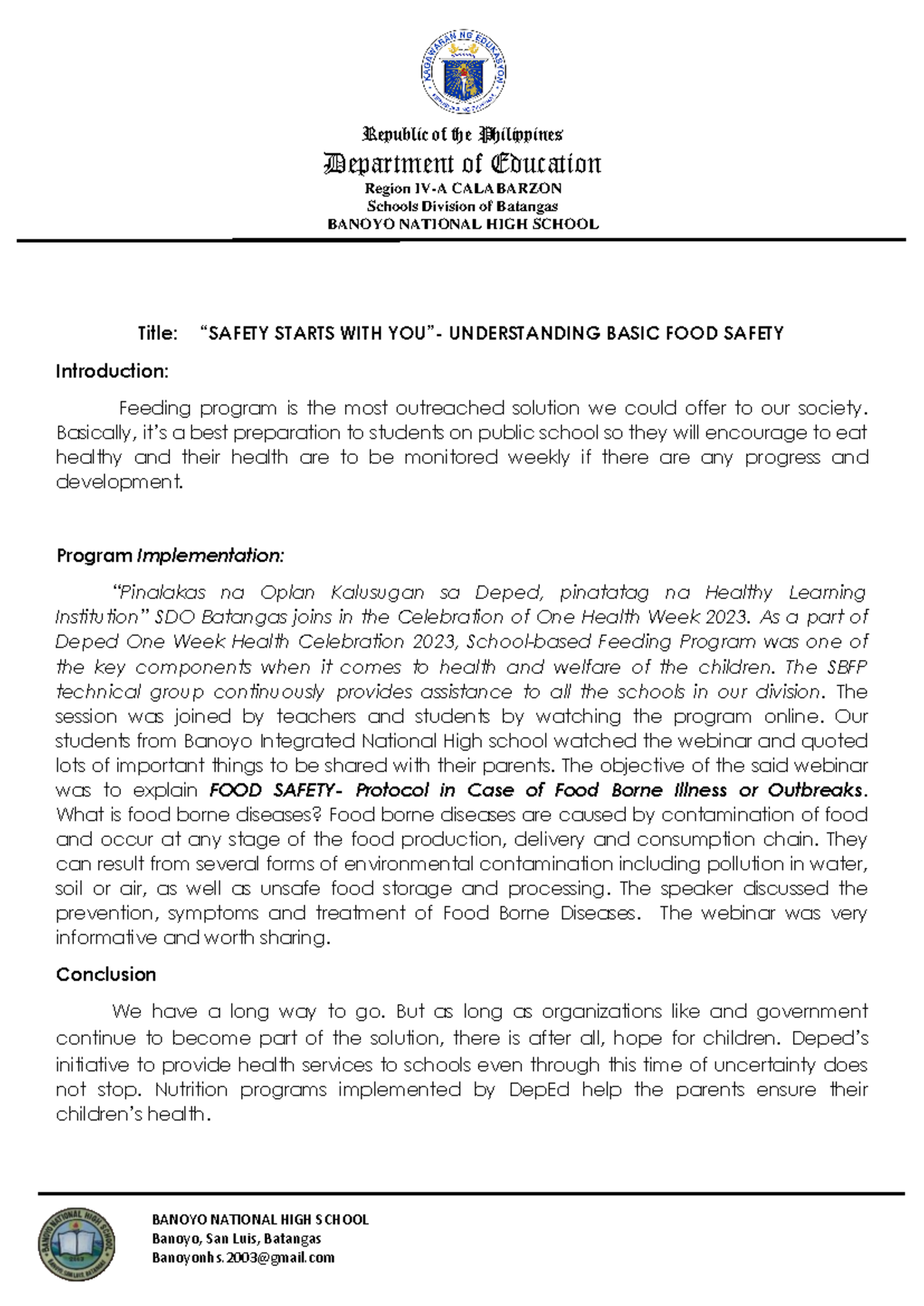 SBFP Accomplishment Report - Republic of the Philippines Department of ...