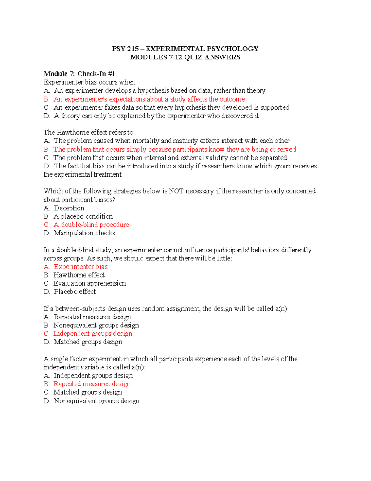 PSY 215 Modules 7-12 Check-In Answers - PSY 215 3 EXPERIMENTAL ...