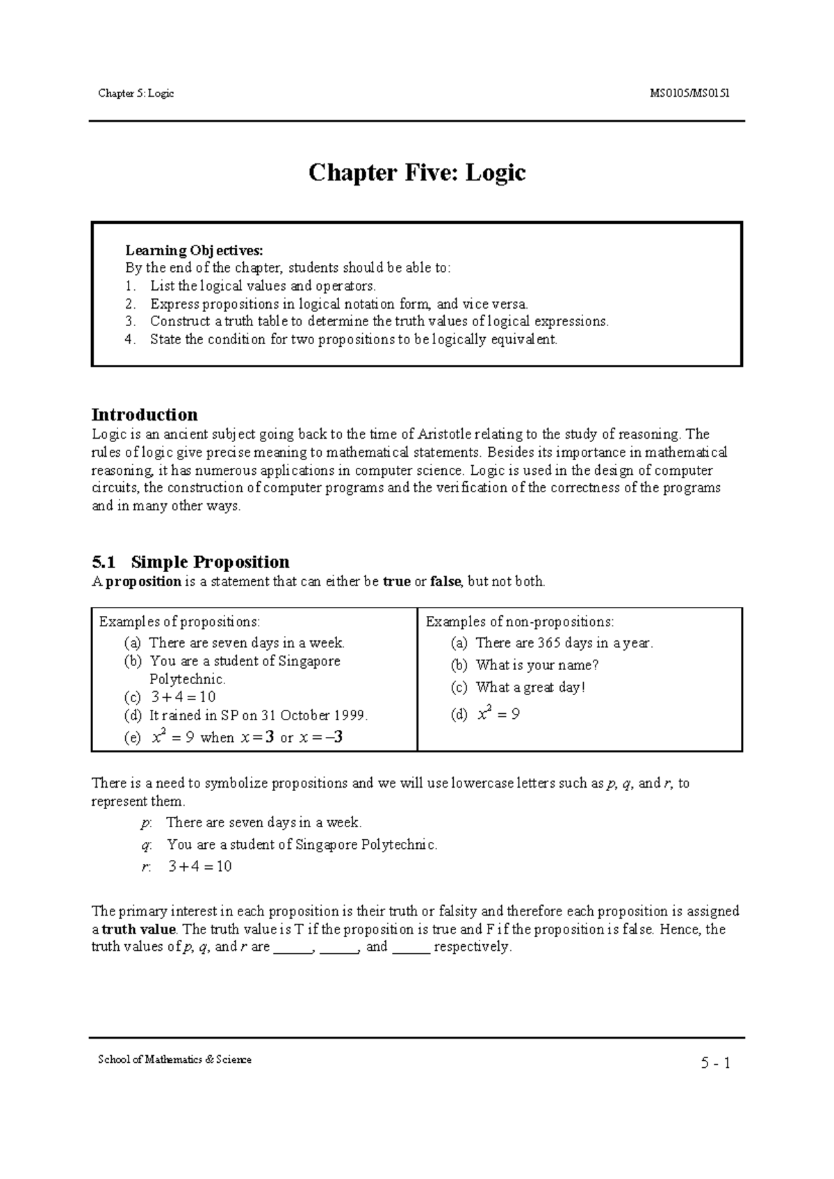 Chapter 5 - Logic - School of Mathematics & Science 5 - 1 Chapter Five: Logic Learning - Studocu