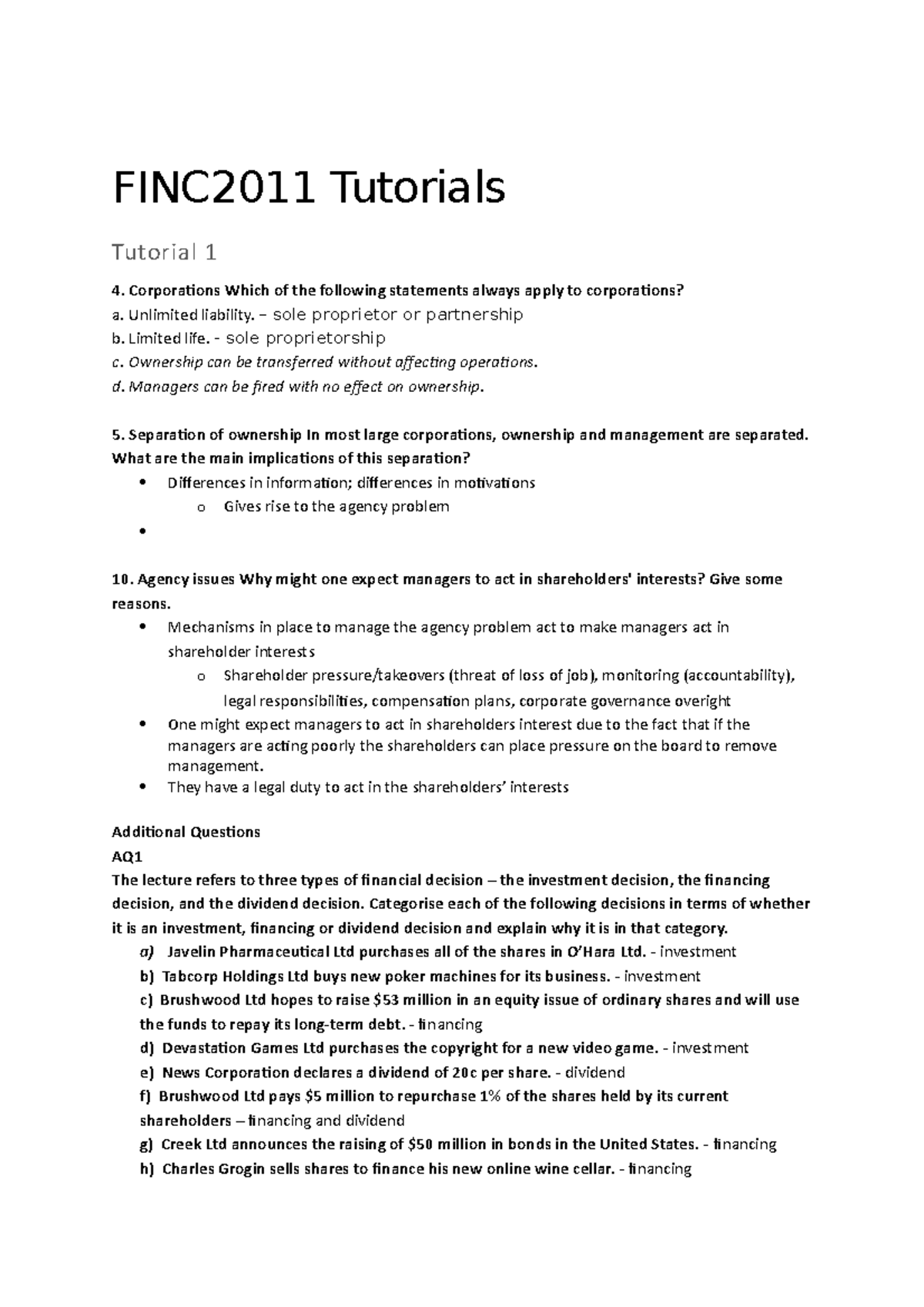 FINC2011 Tutorials - Tutorial work from all weeks - FINC2011 Tutorials ...