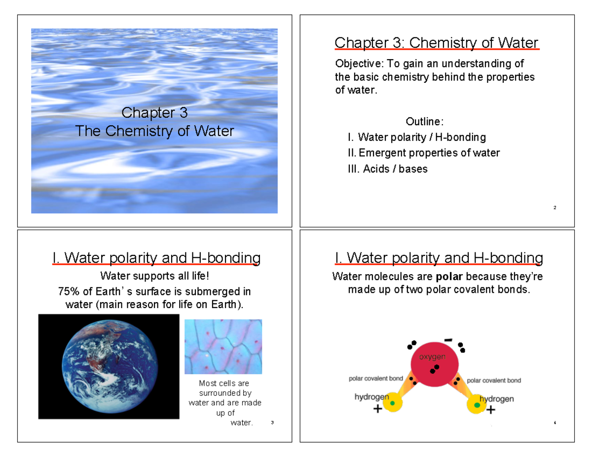 BIO 201 KLB 03 Water Chemistry notes - Chapter 3 The Chemistry of Water ...