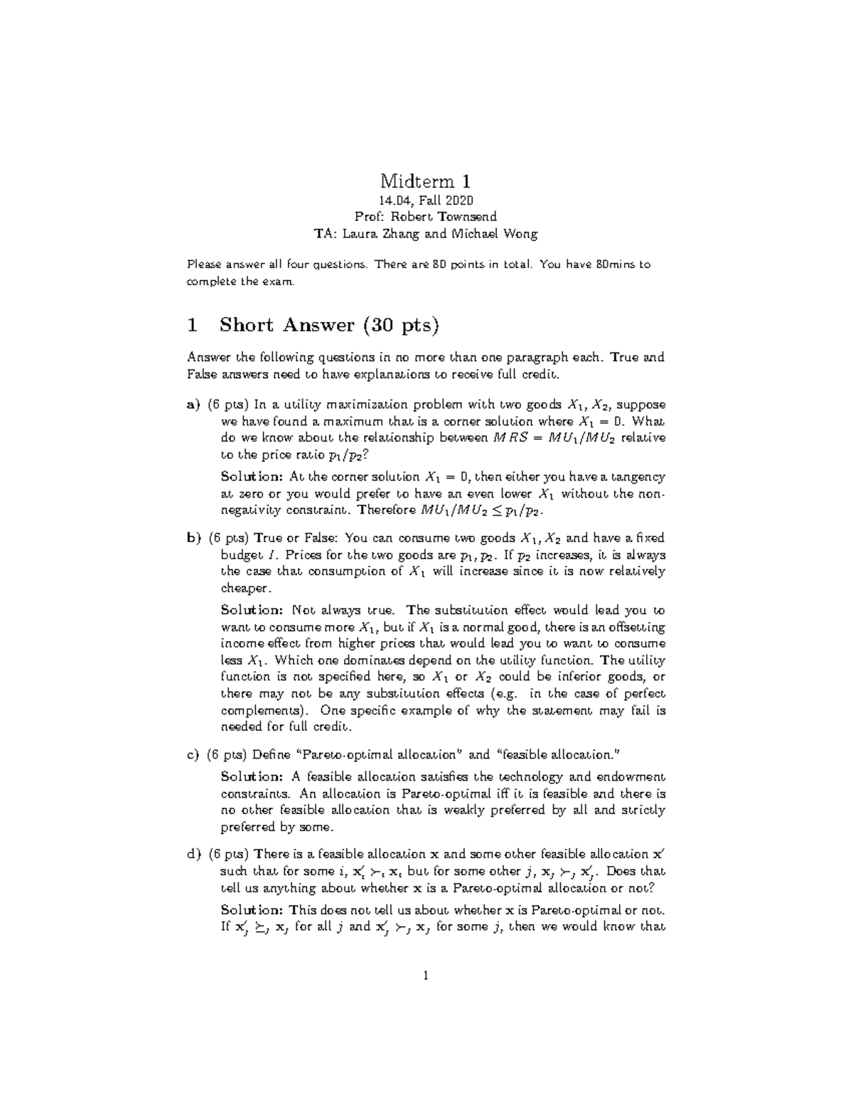 Mit14 04f20 exam1 - PAST QUESTIONS AND ANSWERS - Midterm 1 14, Fall 2020 Prof: Robert Townsend ...