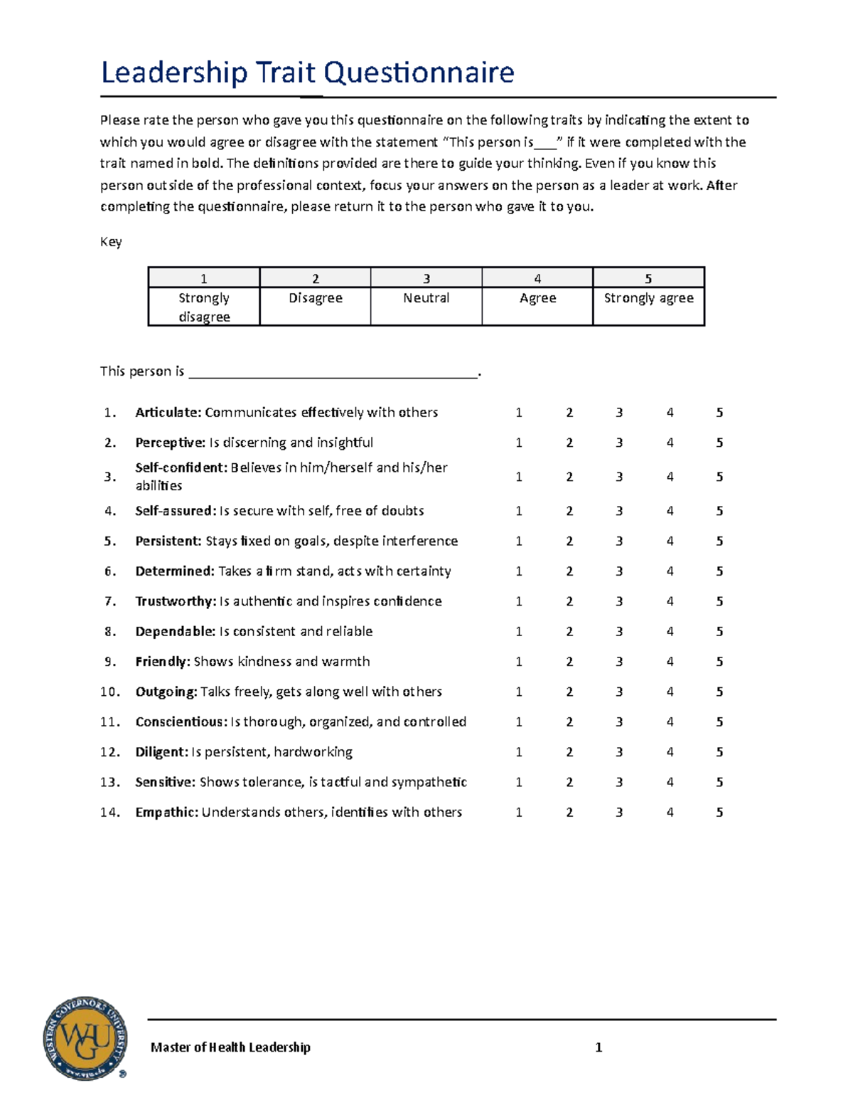 Leadership trait questionnaire - Leadership Trait Questionnaire Please ...