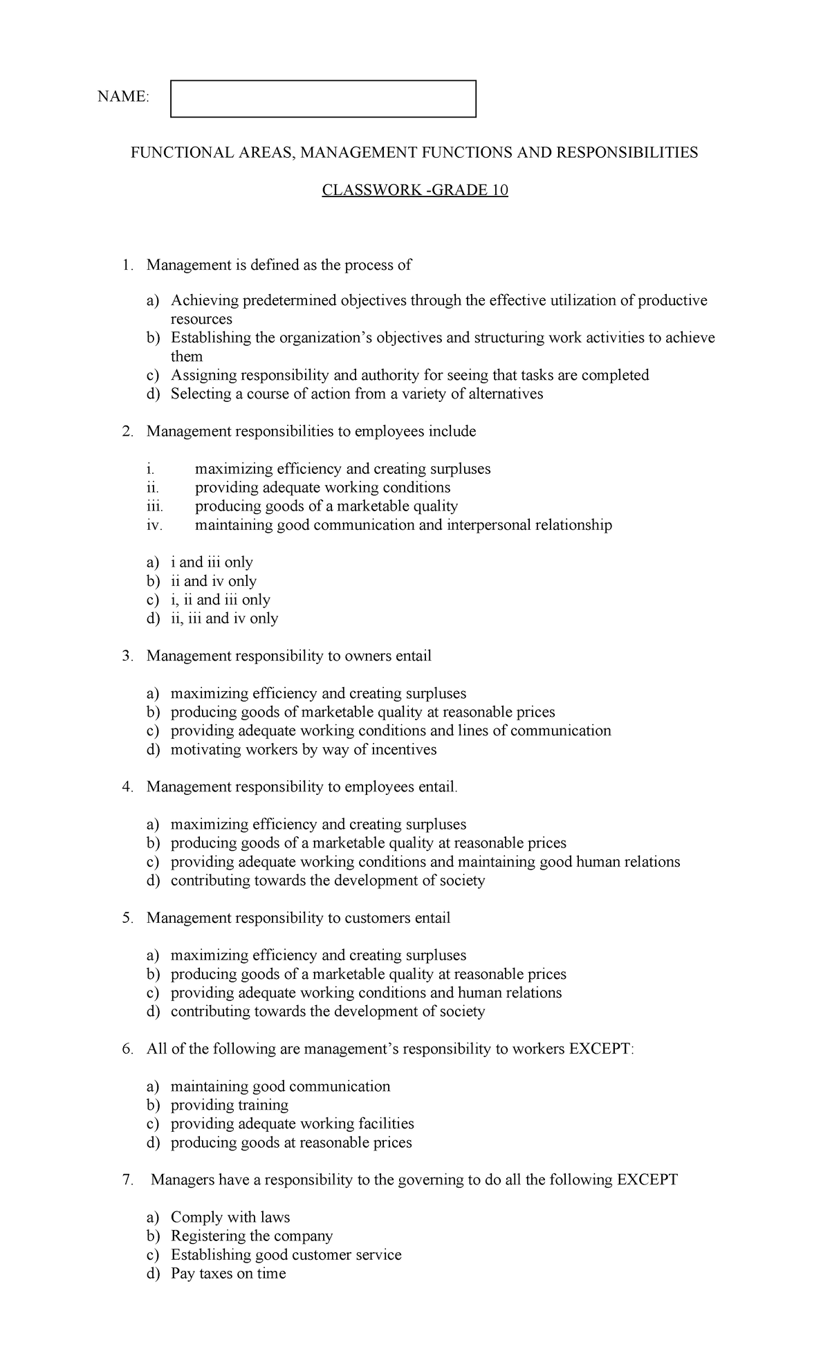 Management responsibilities - NAME: FUNCTIONAL AREAS, MANAGEMENT ...