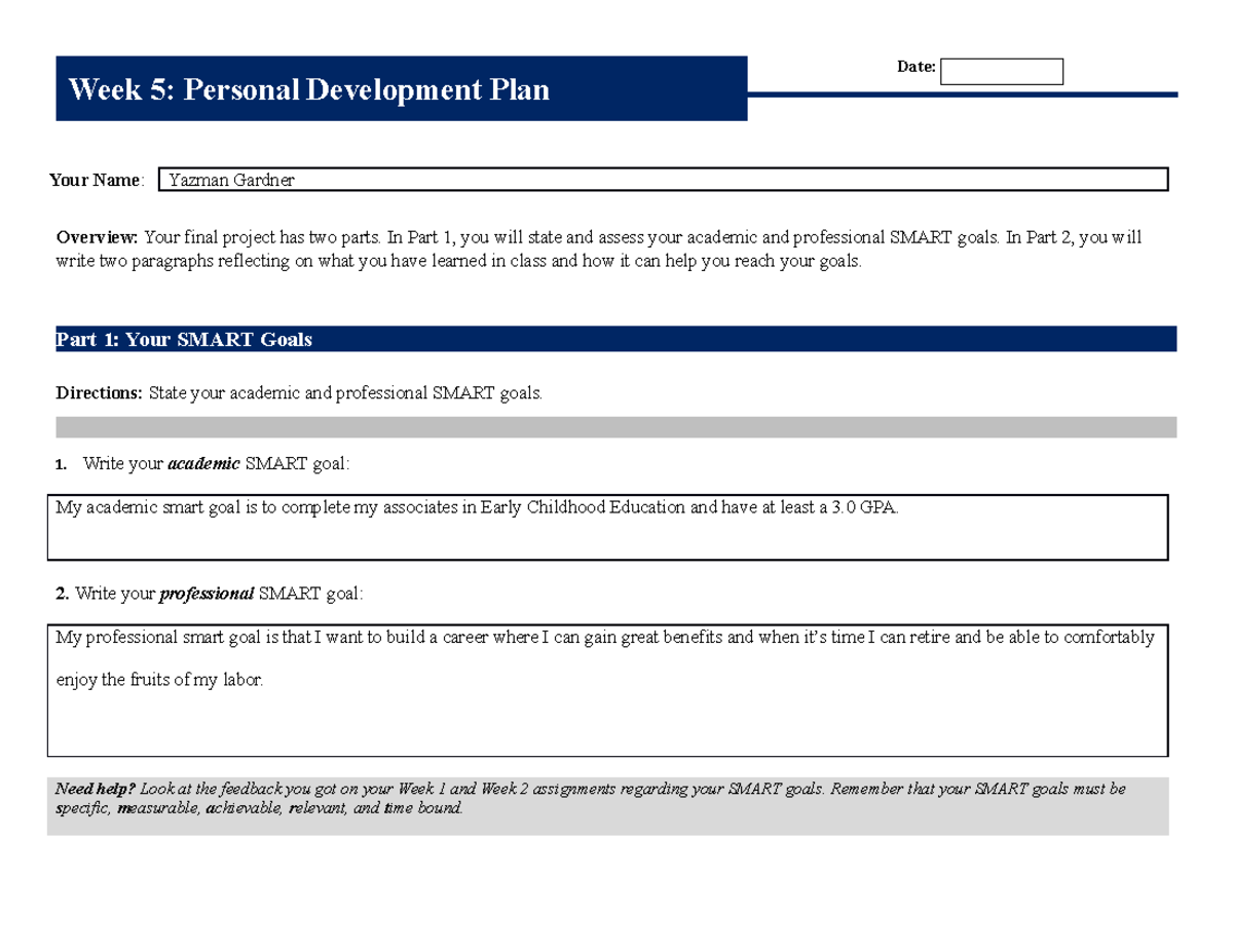 Week 5 Personal Development Plan Template ASH101 4-2022 - Date: Your ...