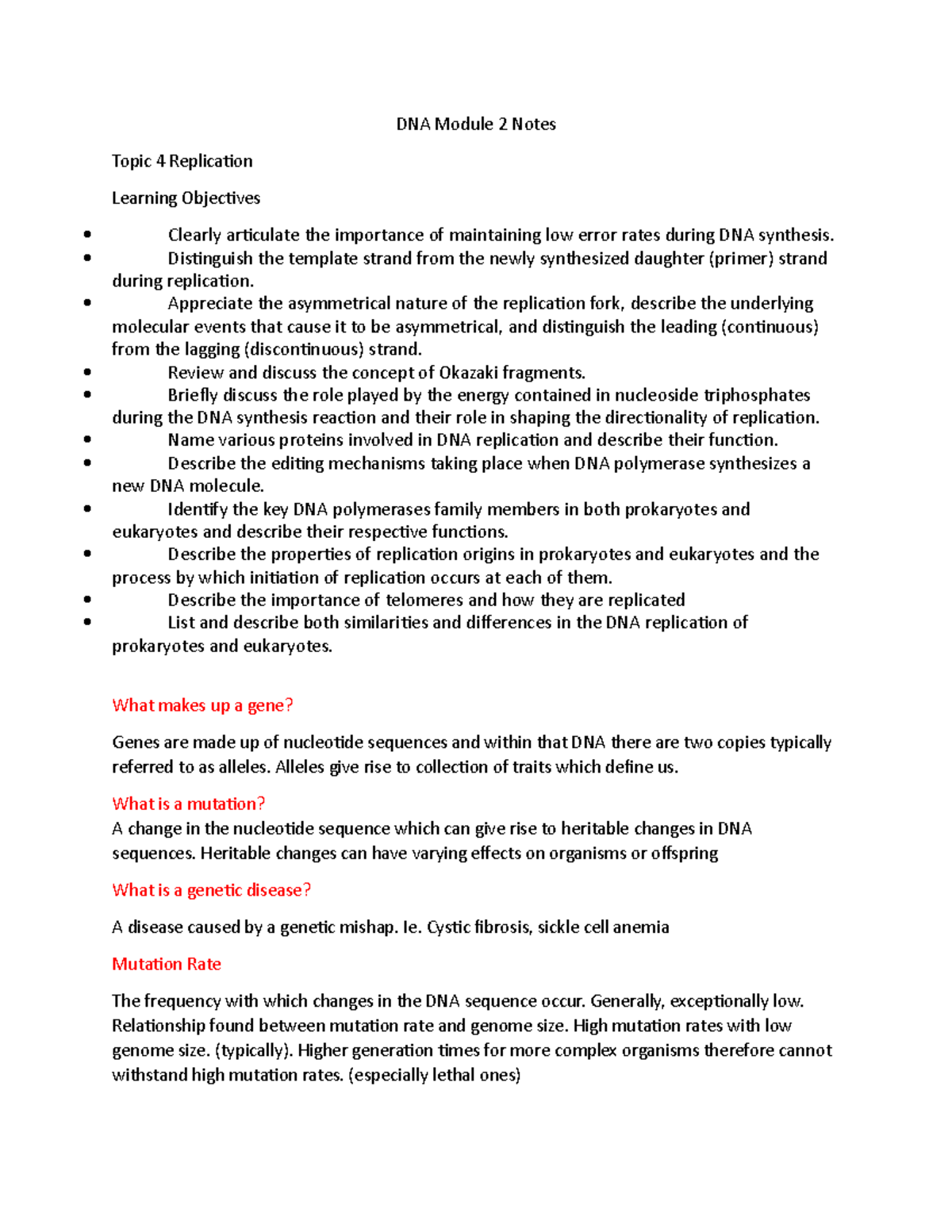 Module 2 Notes for mol bio - DNA Module 2 Notes Topic 4 Replication ...