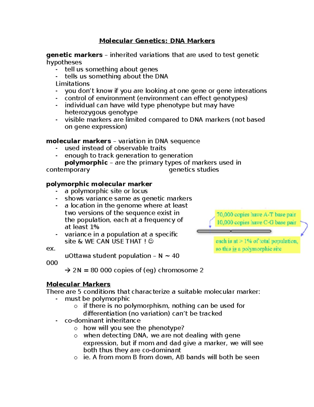 BIO2133 Notes for Final Exam 2013 - Molecular Genetics: DNA Markers ...