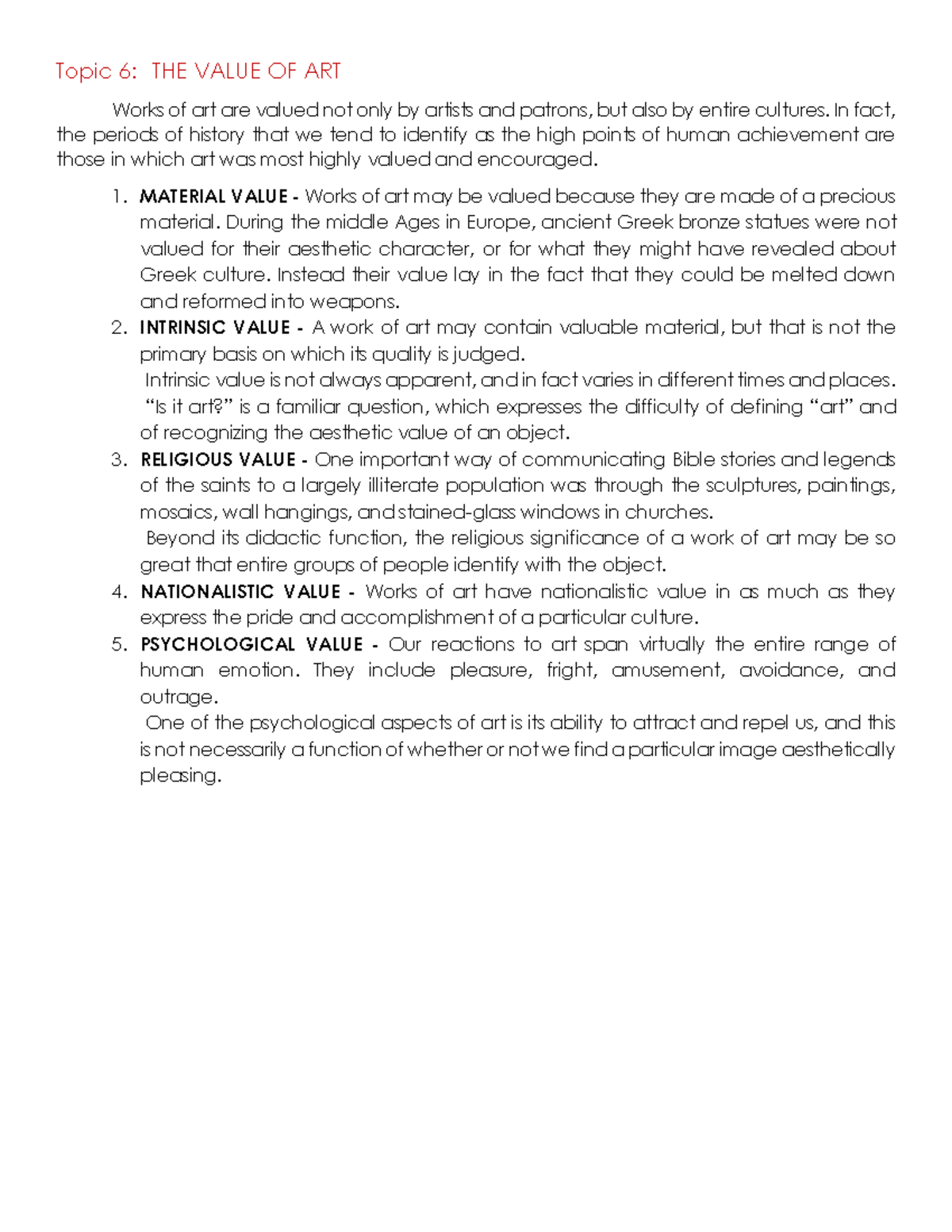 Topic 6 THE Value OF ART - Lecture notes 1 - Topic 6: THE VALUE OF ART ...