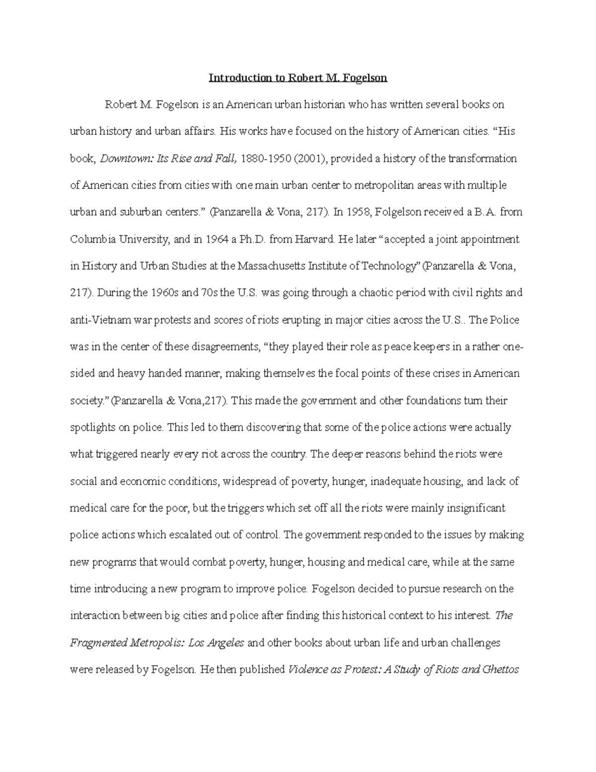 Intro to Robert M. Fogelson - Introduction to Robert M. Fogelson Robert ...