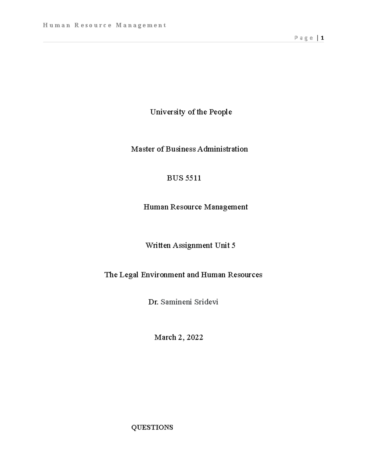 Unit 5 Written Assignment Human Resource Management BUS 5511 - P a g e ...
