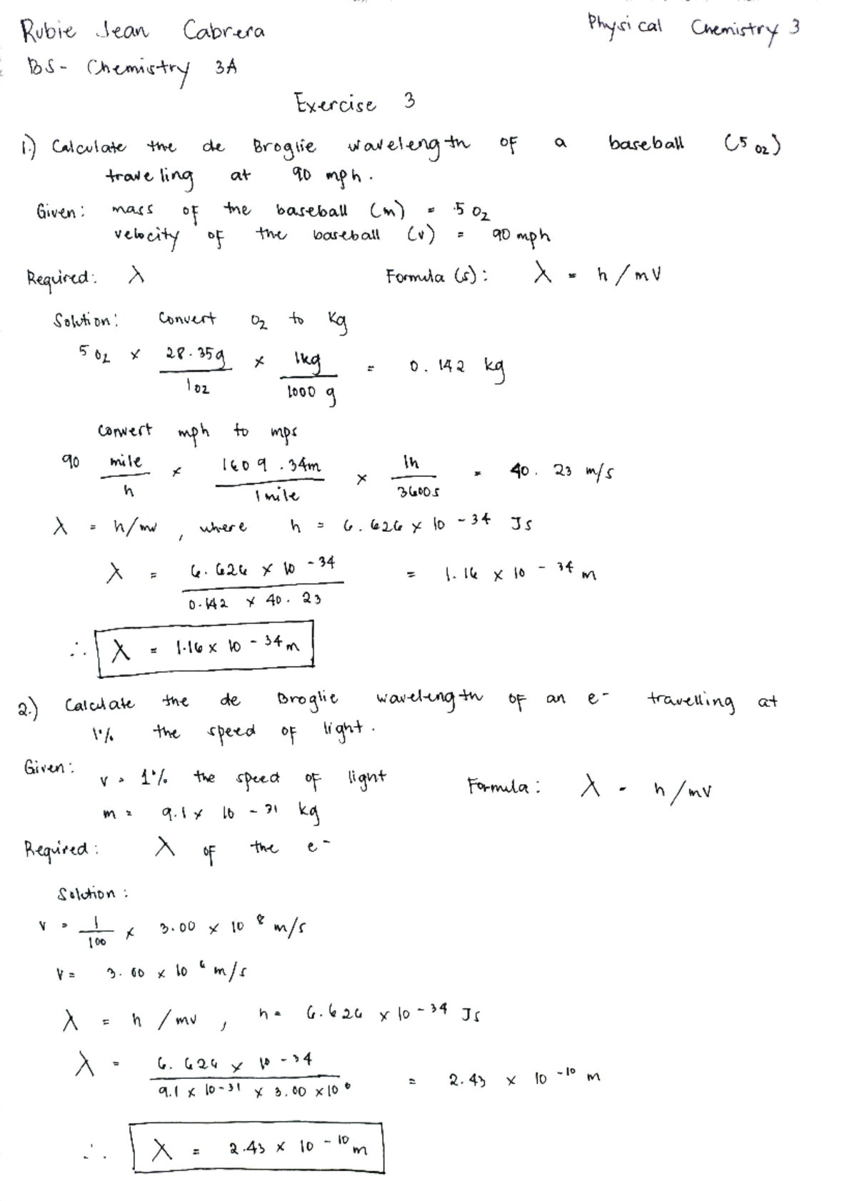 Problem SET - Quantum Chemistry - De Broglie - ####### Robie Sean ...
