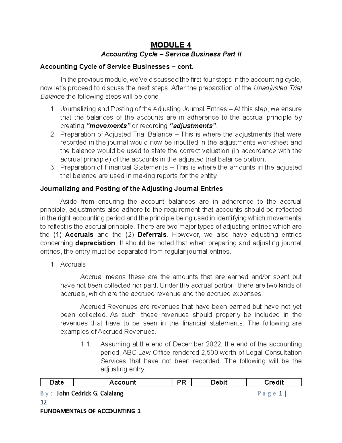 Module 4 - Fundamentals of Accounting 1 - B y : John Cedrick G. Calalang P a g e 1 | 12 MODULE 4 ...