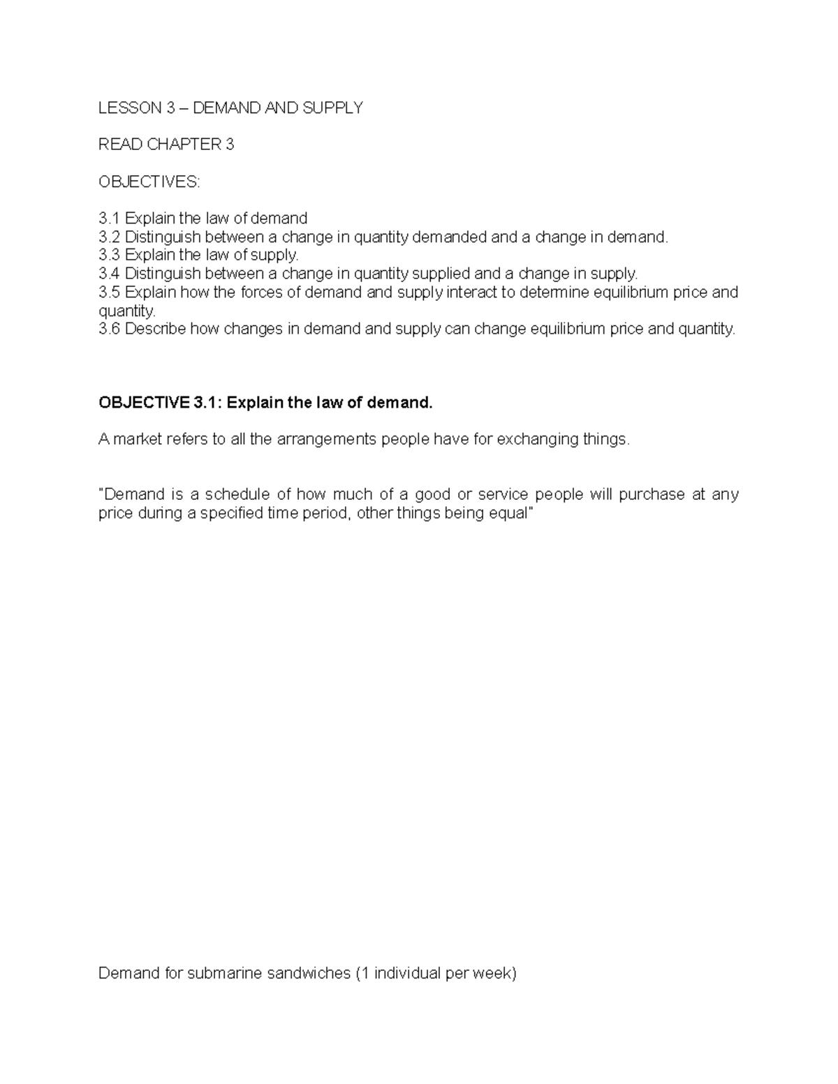Chapter 3 notes - LESSON 3 – DEMAND AND SUPPLY READ CHAPTER 3 ...