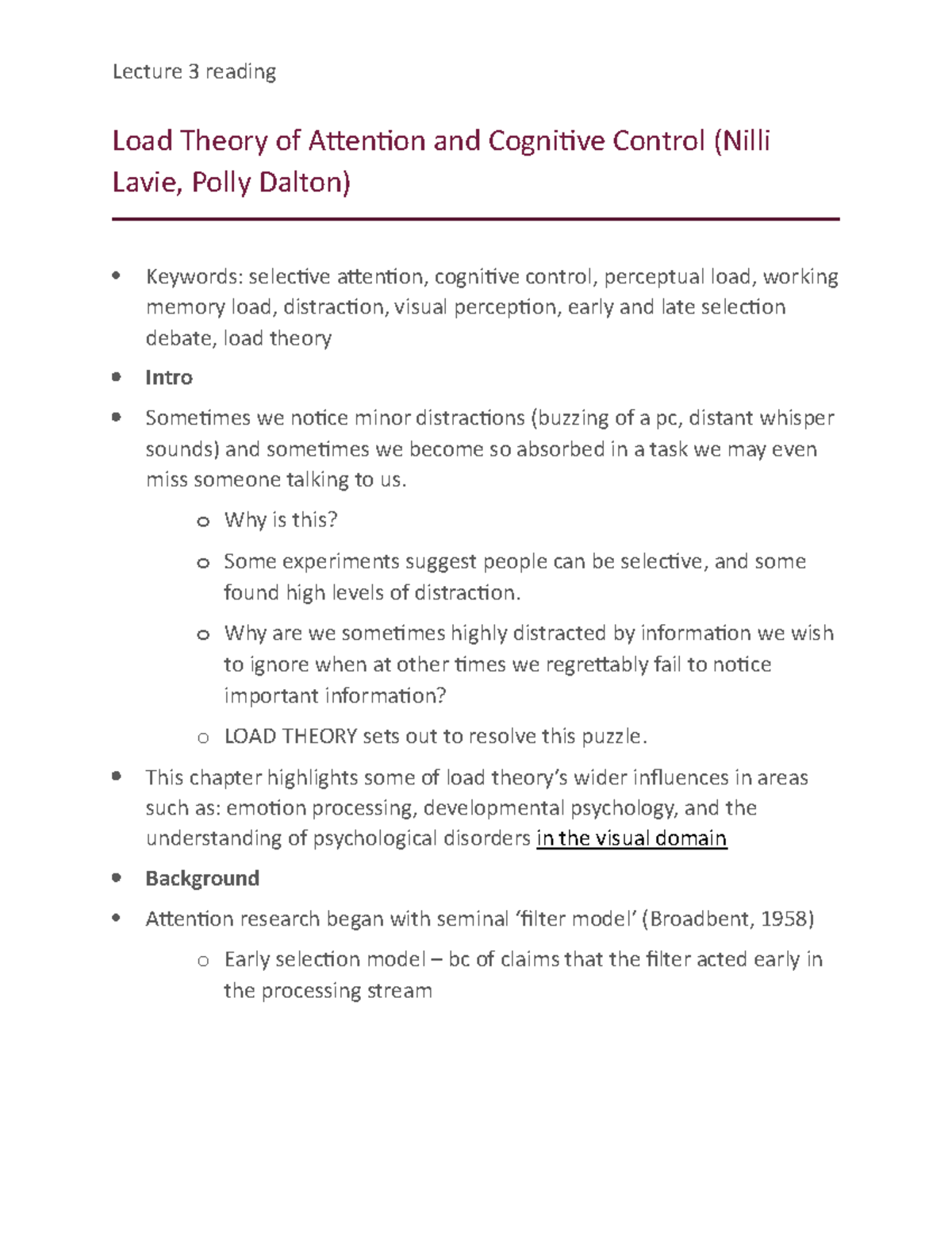 Lecture 2 reading copy - Lecture 3 reading Load Theory of Attention and Cognitive Control (Nilli ...