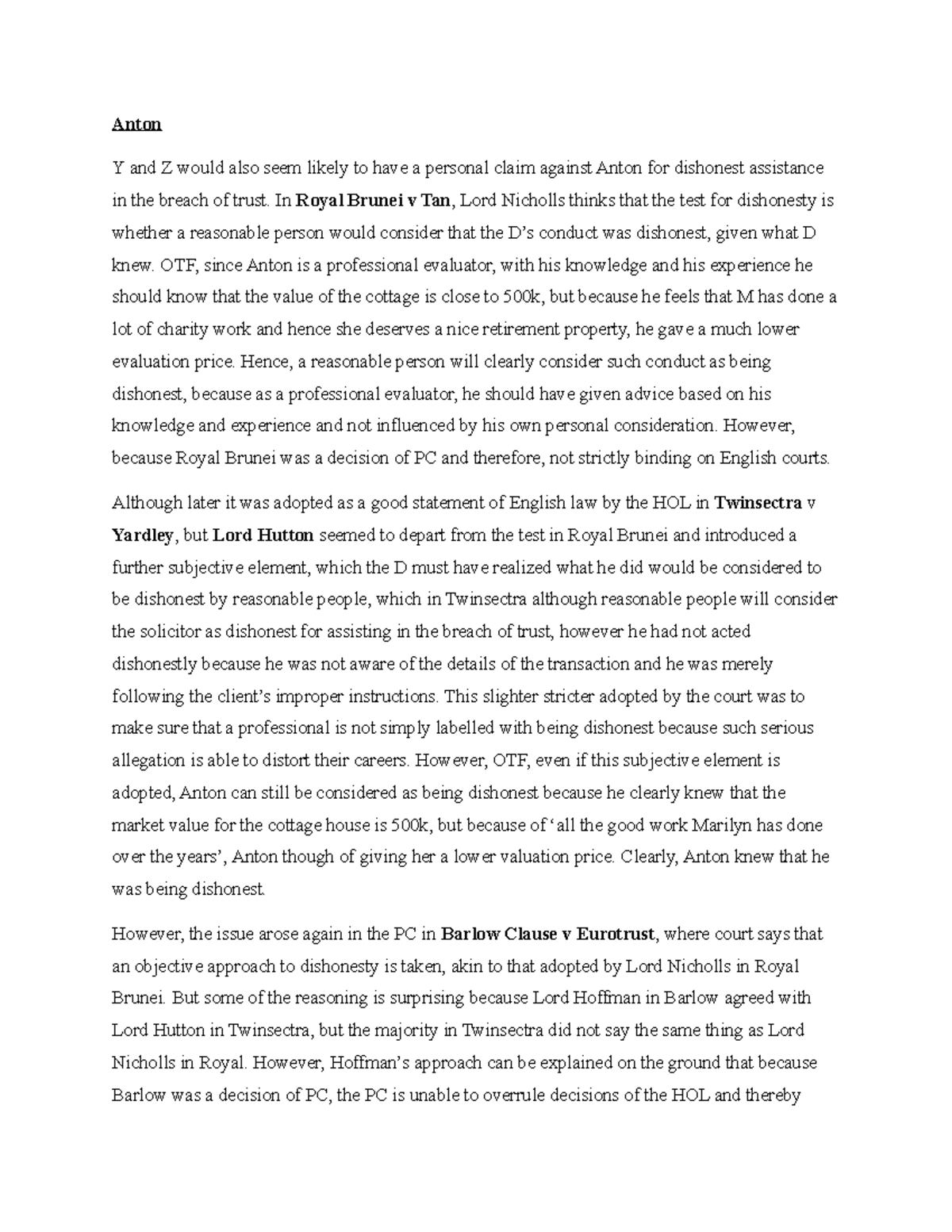 Equity & Trust Tutorial on Third Party Liability - Anton Y and Z would ...