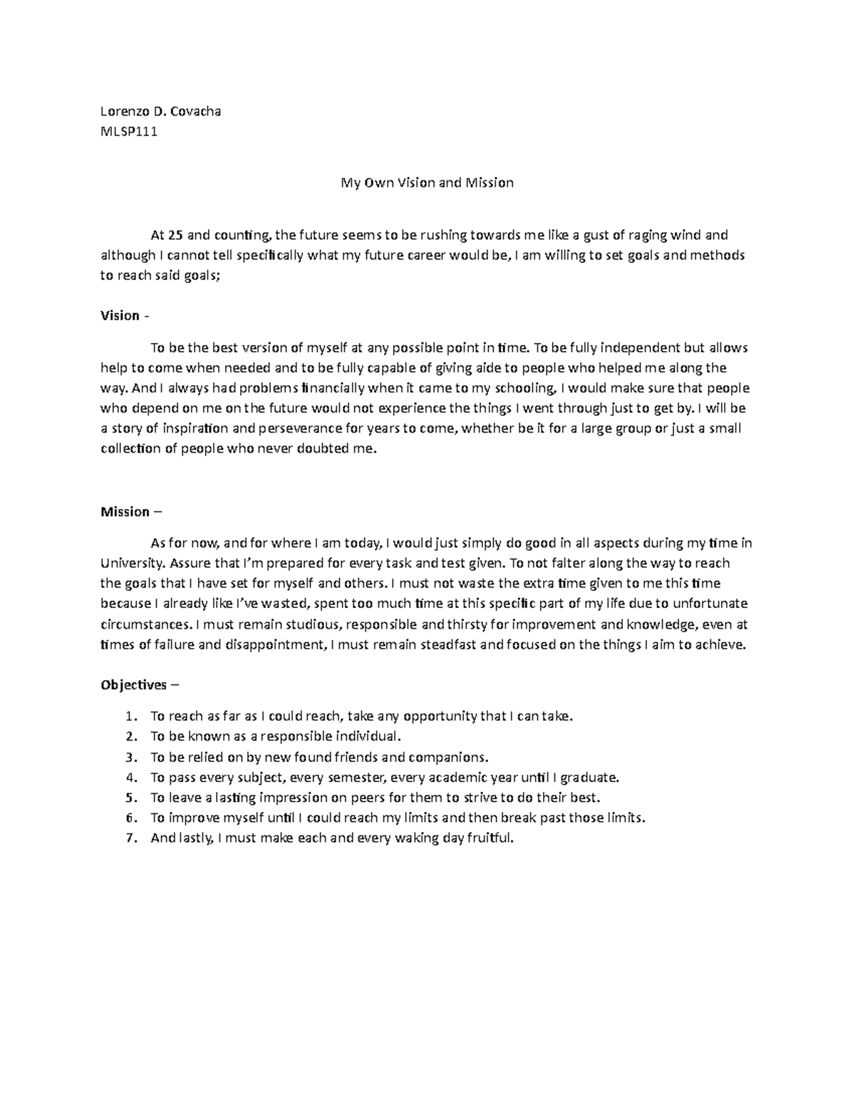 My Own Vision and Mission^J Objectives - Lorenzo D. Covacha MLSP My Own ...