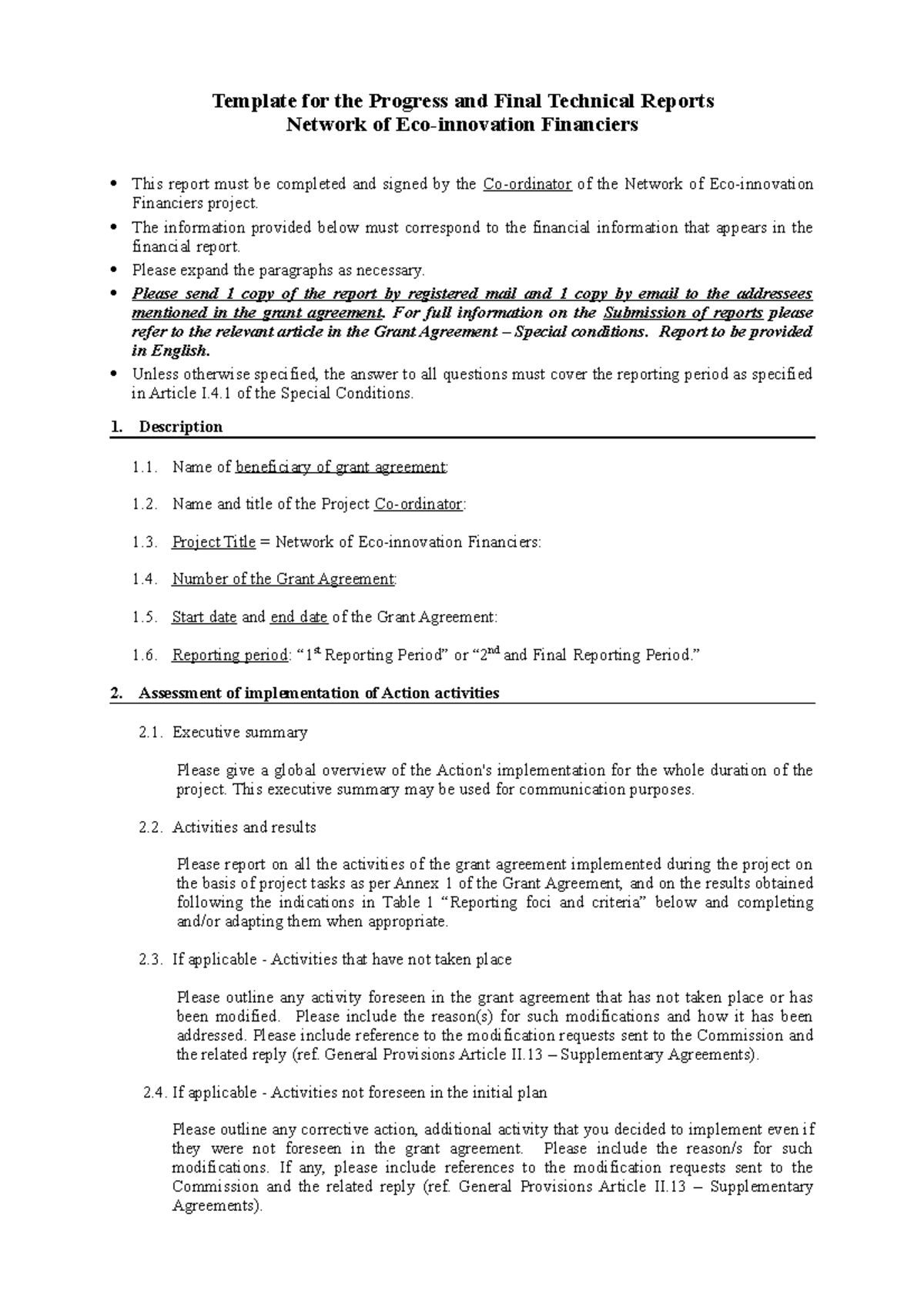 Template for the Progress and Final Technical Reports - The information ...