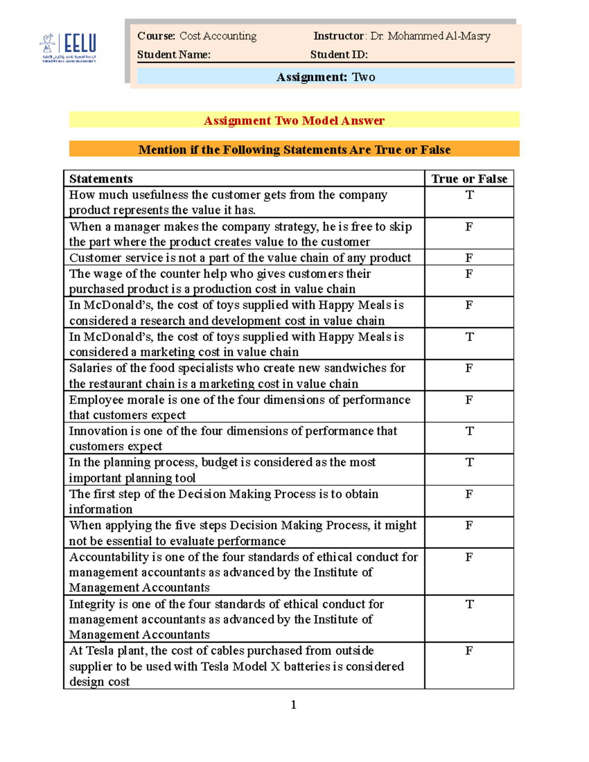 Cost ACC Assign#2 Model - Assignment Two Model Answer Mention if the Following Statements Are ...