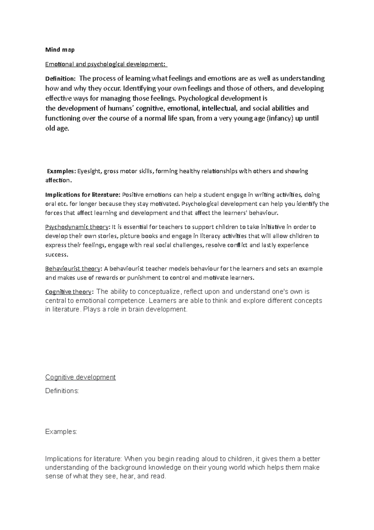 Mind map - NOTES - Mind map Emotional and psychological development ...