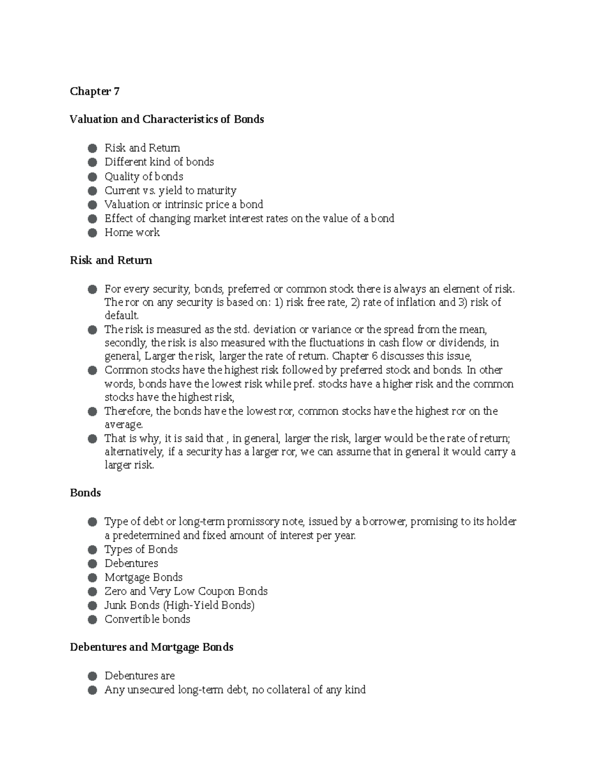Chapter 7 Notes - Chapter 7 Valuation and Characteristics of Bonds Risk ...