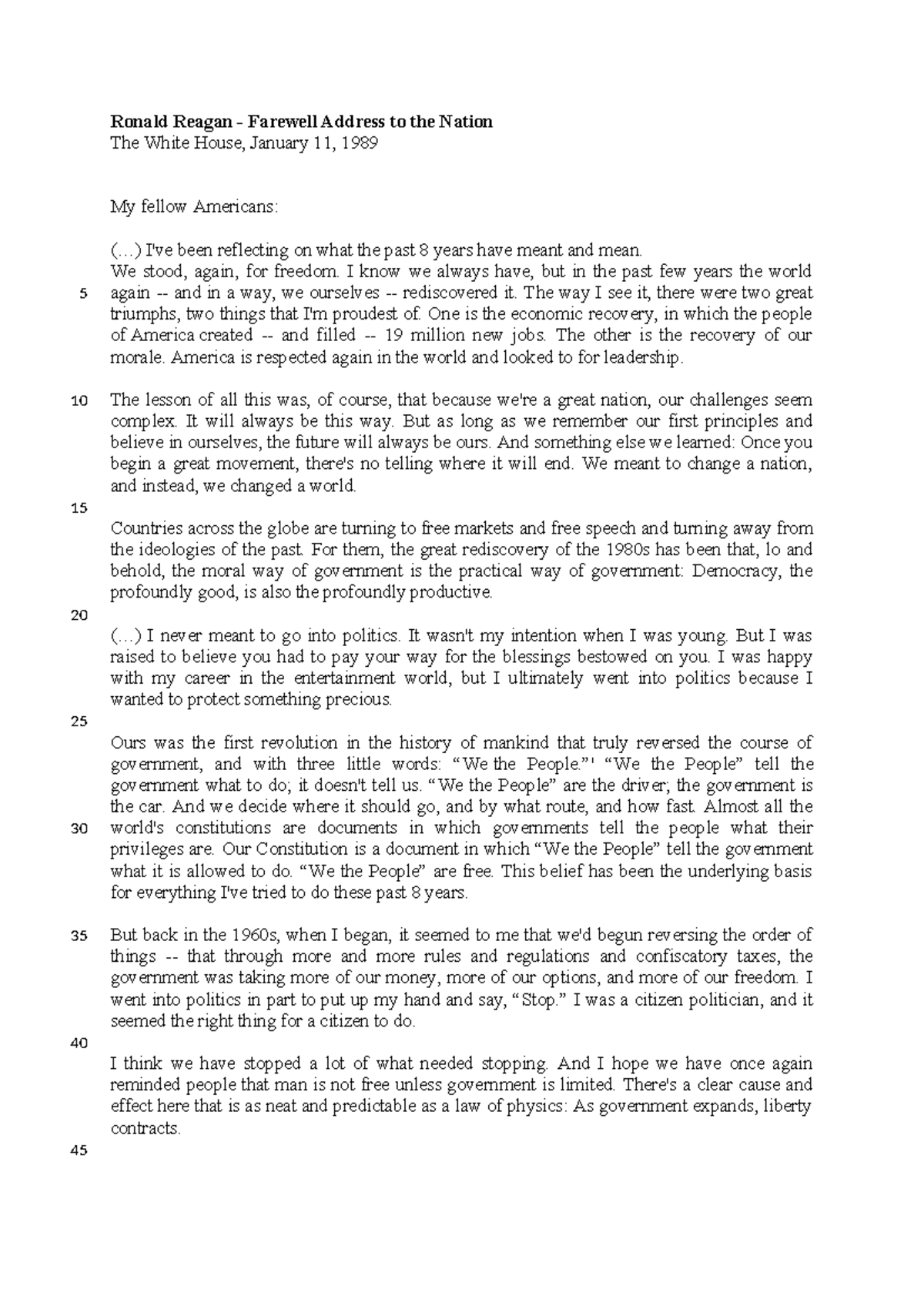 Reagan's farewell address - Ronald Reagan - Farewell Address to the ...