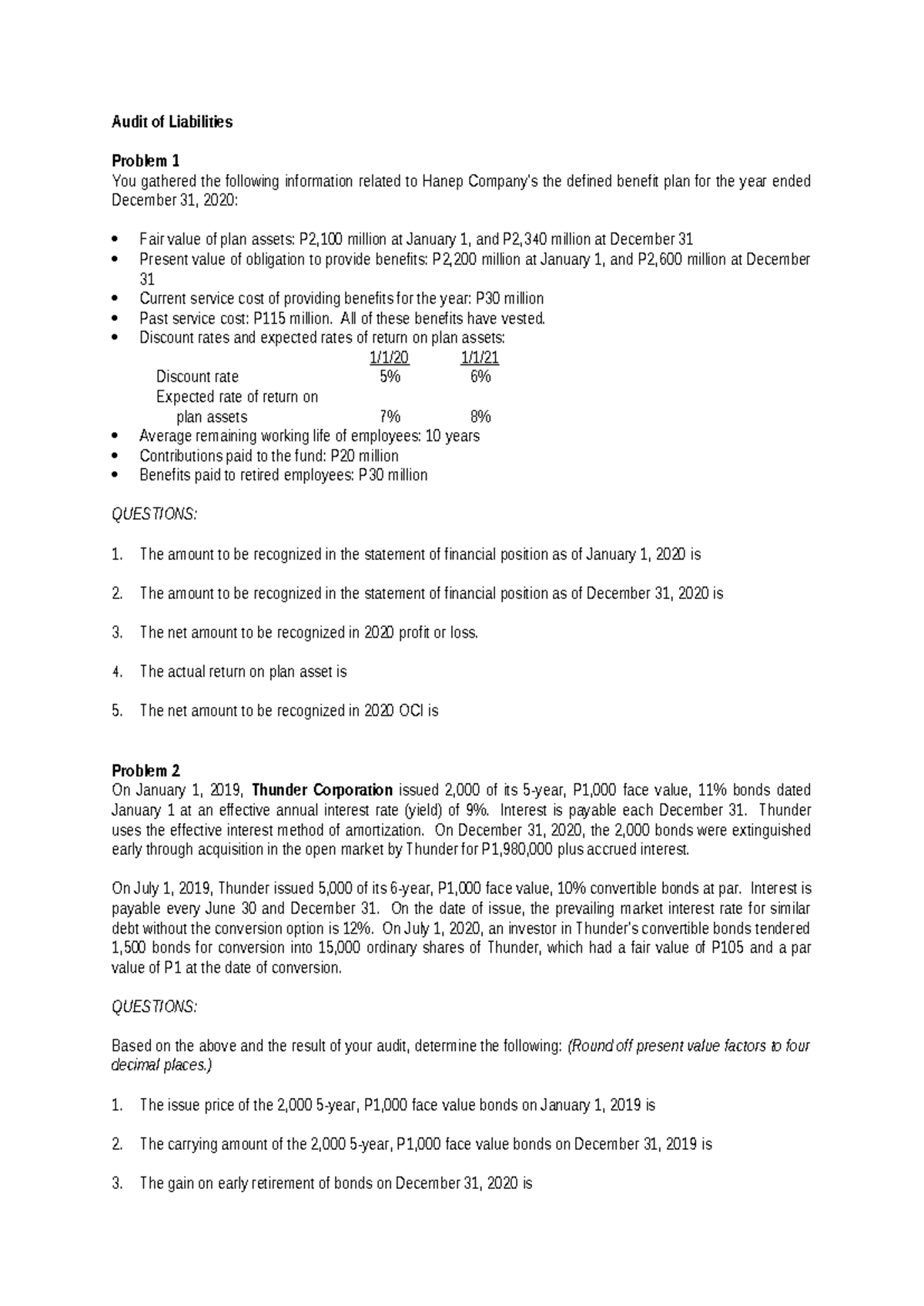 Audit of Liabilities - Practicals - Audit of Liabilities Problem 1 You gathered the following ...