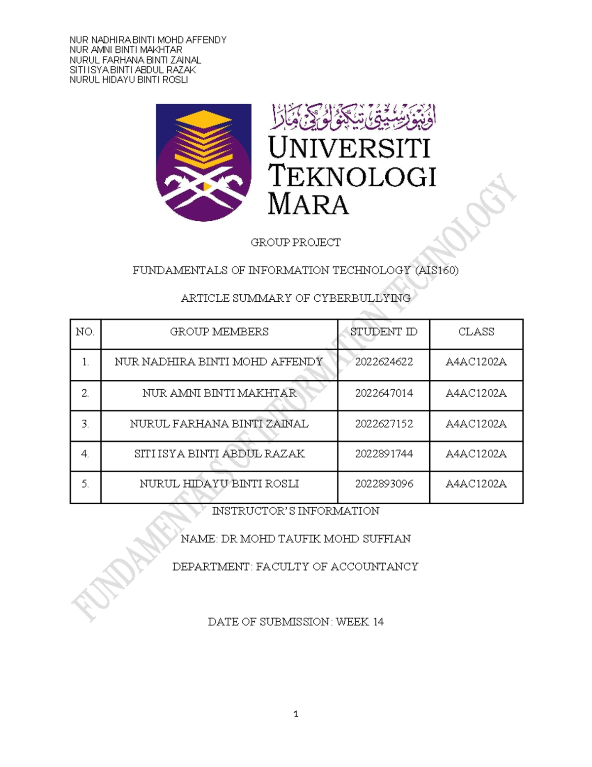 AC1202A Cyberbully - ais assignment - NUR AMNI BINTI MAKHTAR NURUL FARHANA BINTI ZAINAL SITI ...