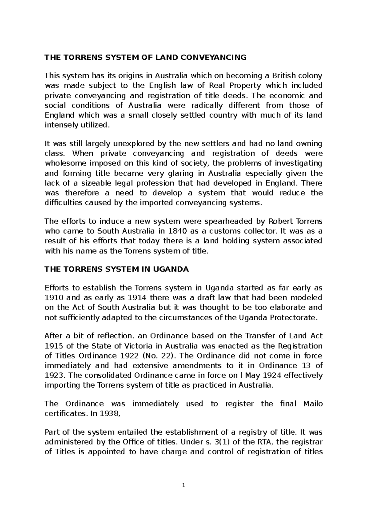 Land law the torrent system - THE TORRENS SYSTEM OF LAND CONVEYANCING ...