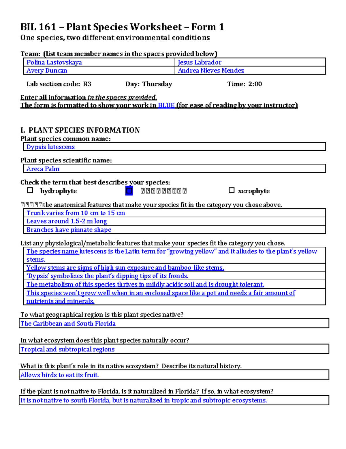 Plant Worksheet - chem 113 lab report use only for reference - BIL 161 ...