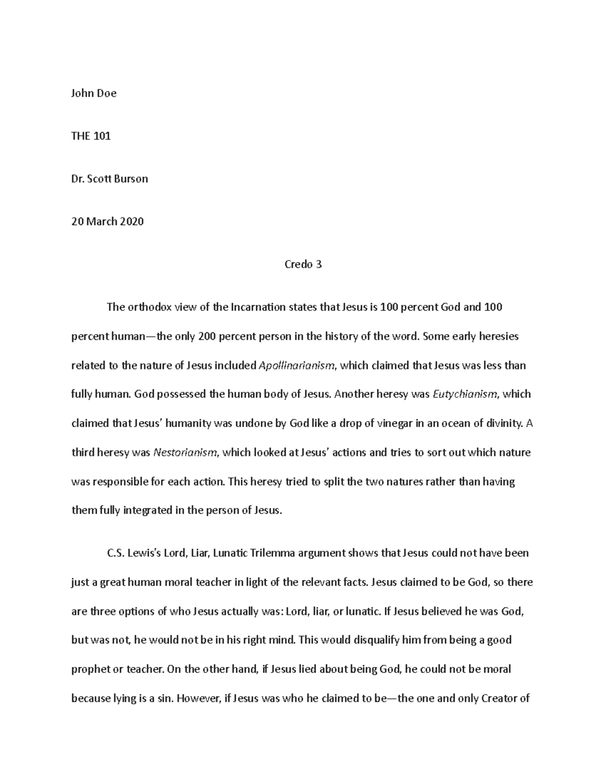 Sample Credo 3 - yes - John Doe THE 101 Dr. Scott Burson 20 March 2020 ...