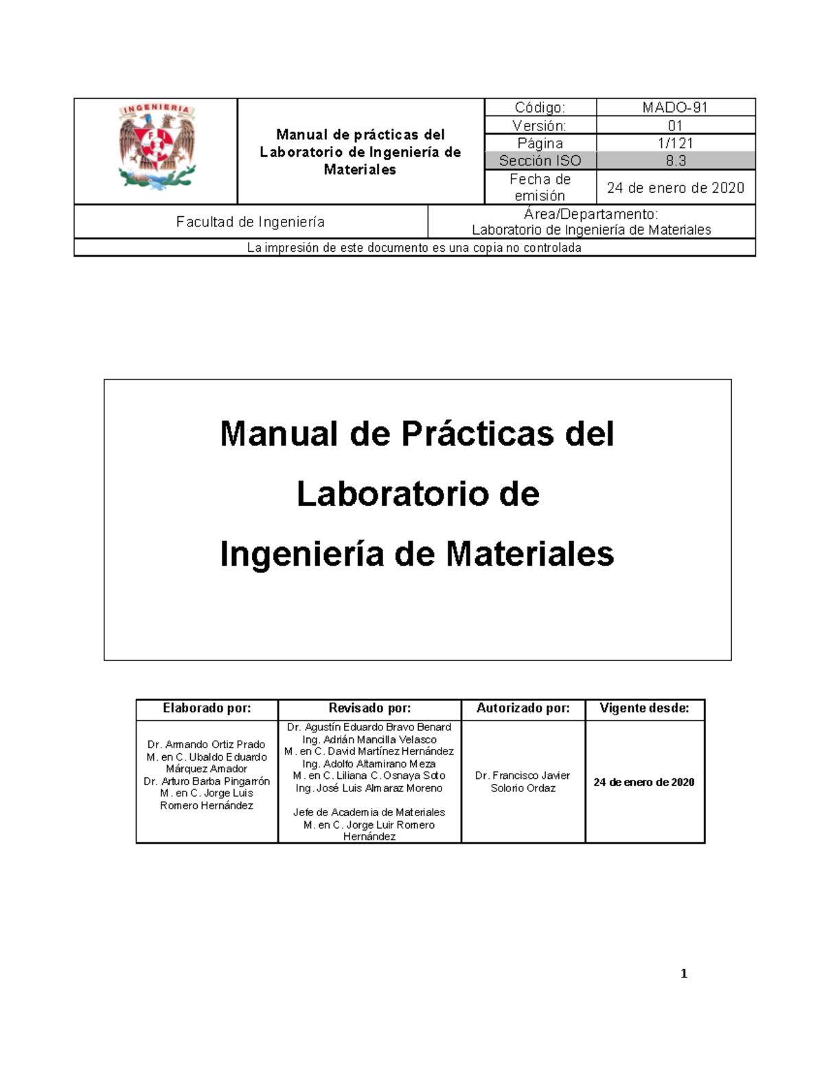 Manual Materiales - Manual de prácticas del Laboratorio de Ingeniería de Materiales Versión: 01 ...