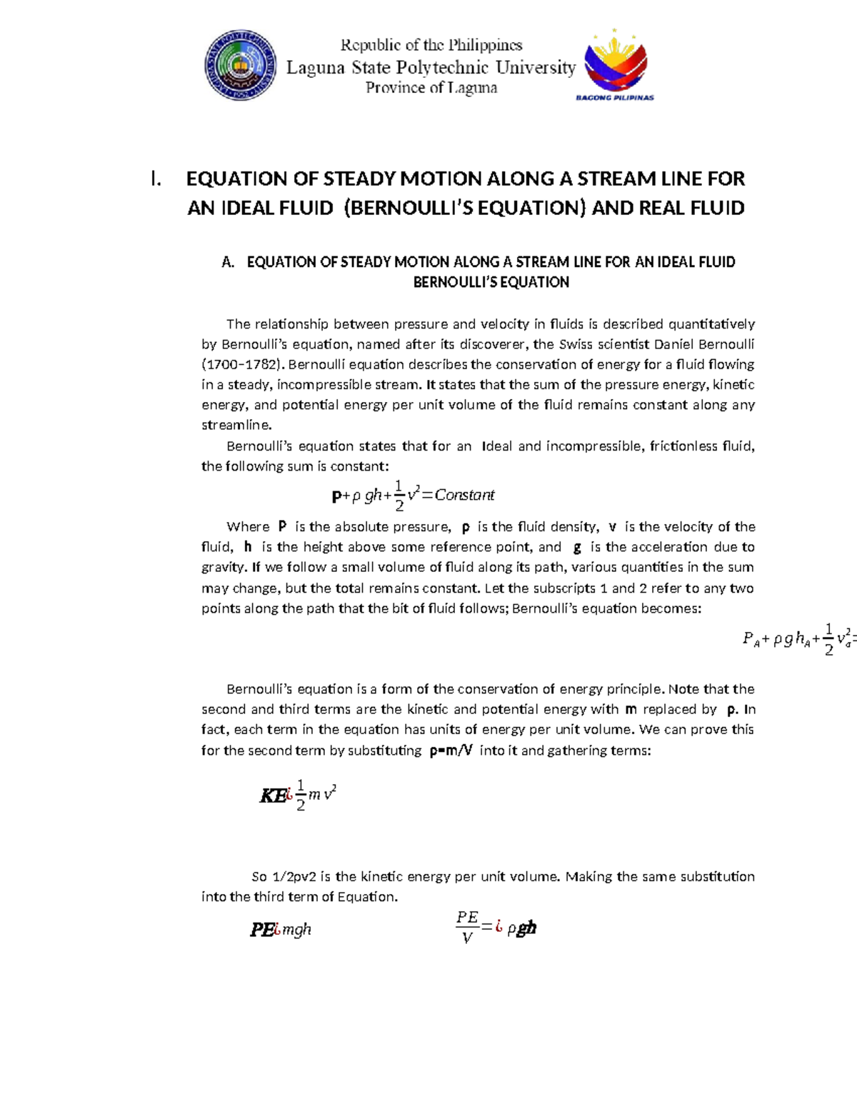 Conservation OF Energy - I. EQUATION OF STEADY MOTION ALONG A STREAM ...