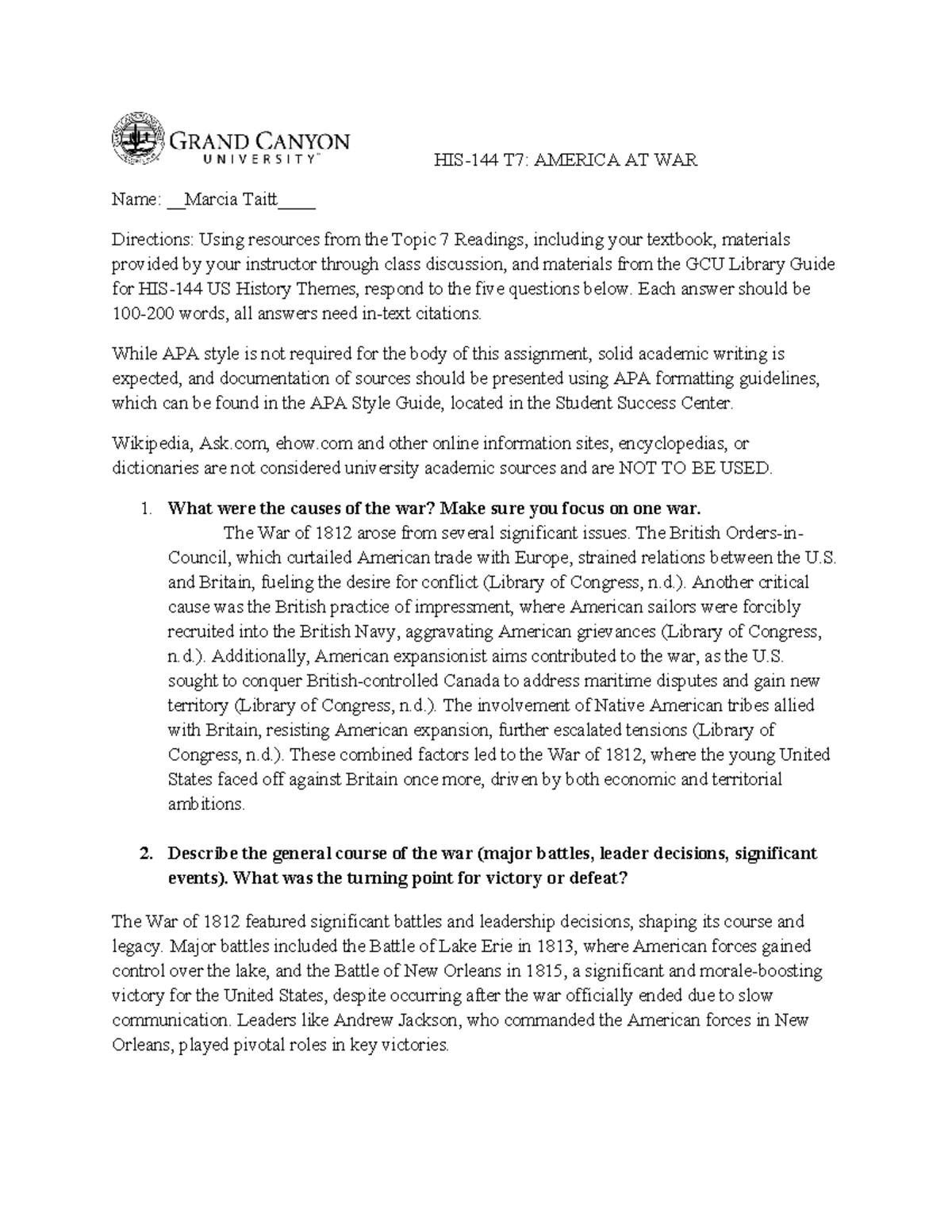 HIS-144-T7America at War Worksheet - HIS-144 T7: AMERICA AT WAR Name ...