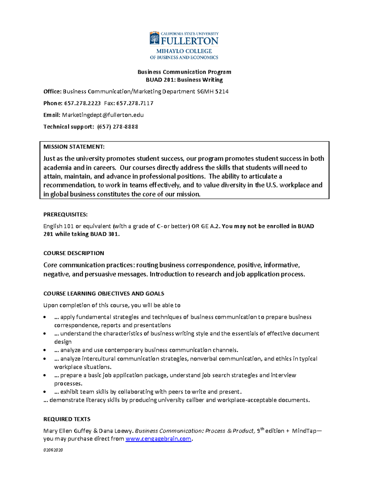 BUAD 201 Common Sheet Virtual-1 - Business Communication Program BUAD ...
