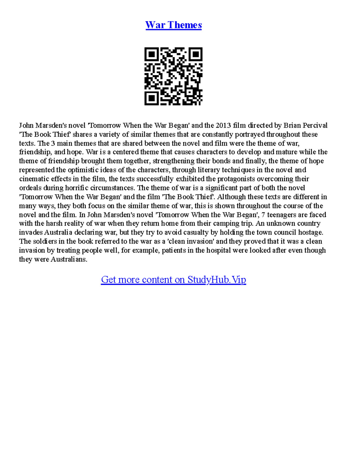 Themes In Essays - War Themes John Marsden's novel 'Tomorrow When the ...