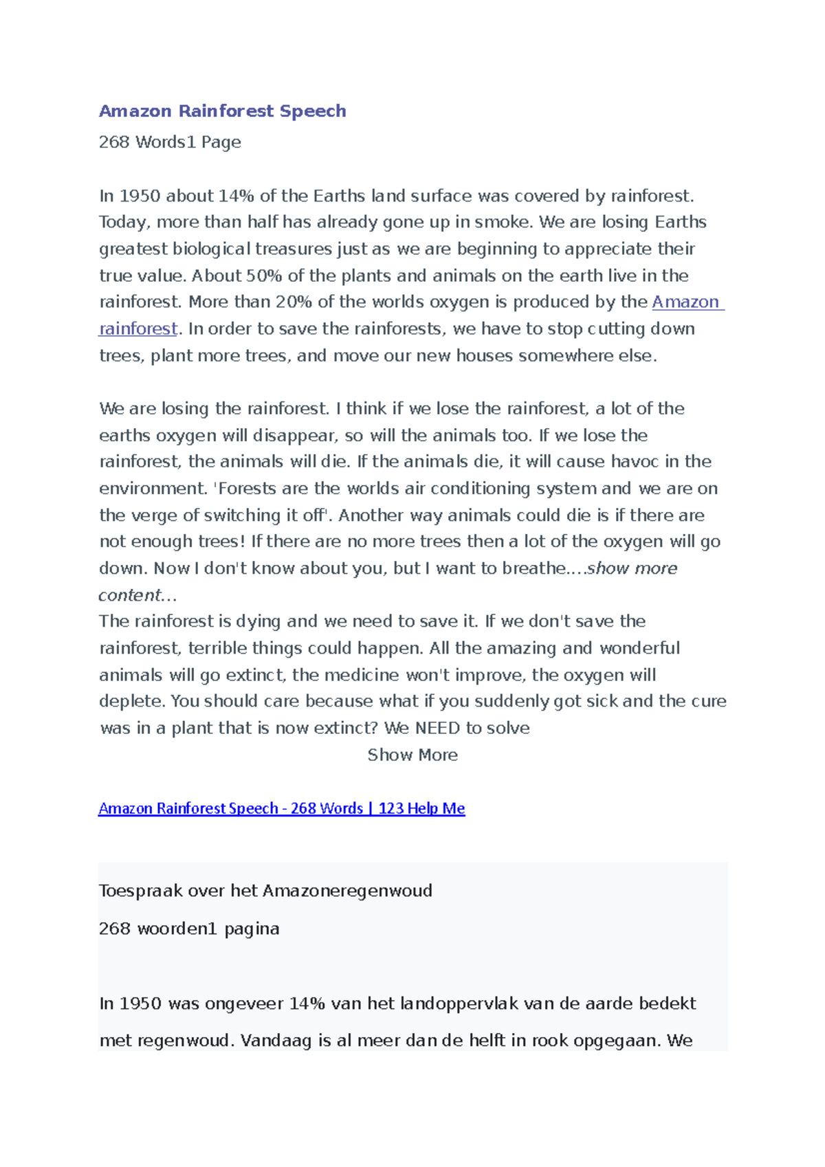 Amazon Rainforest Speech - Today, more than half has already gone up in ...