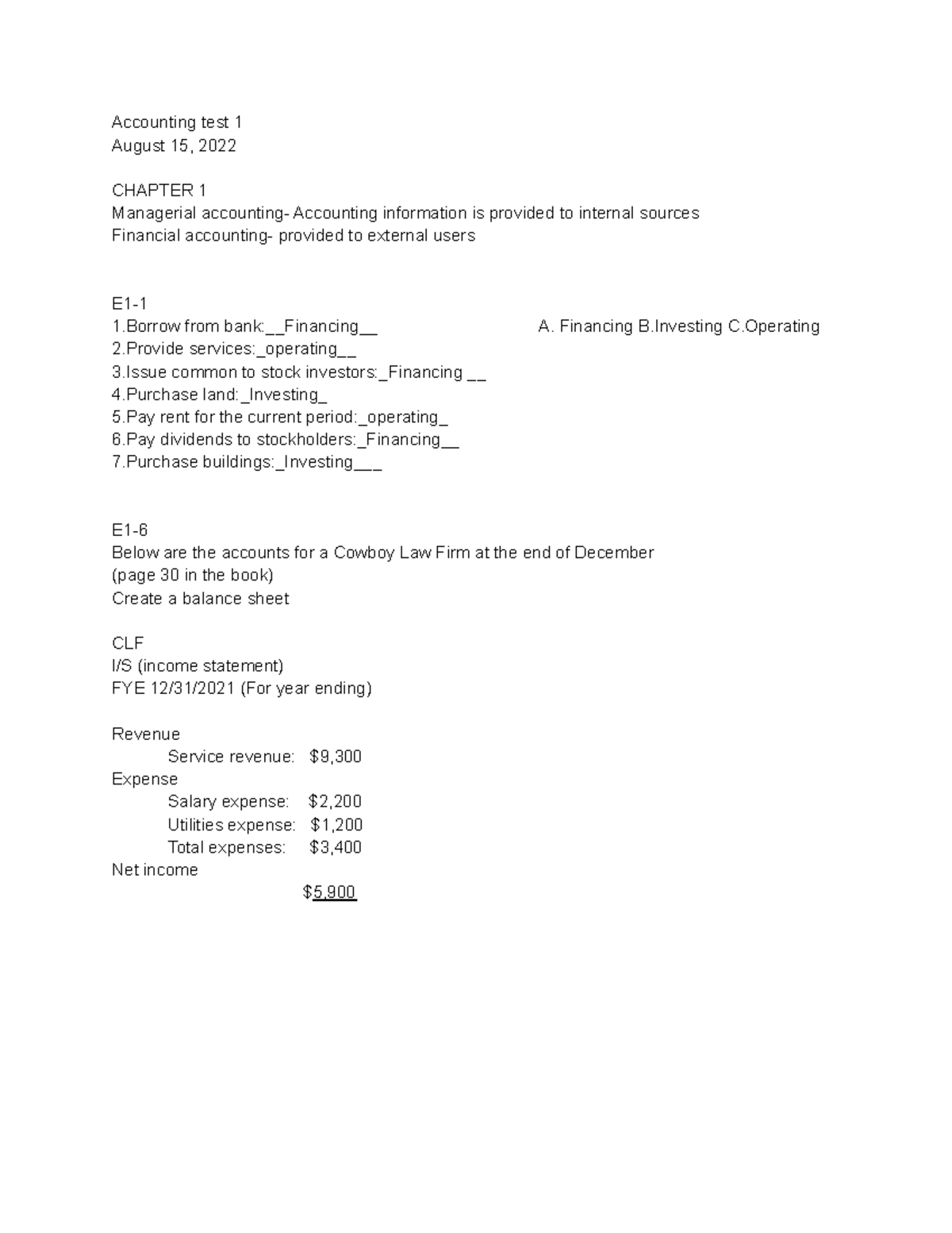 Accounting Class Notes - Accounting test 1 August 15, 2022 CHAPTER 1 ...