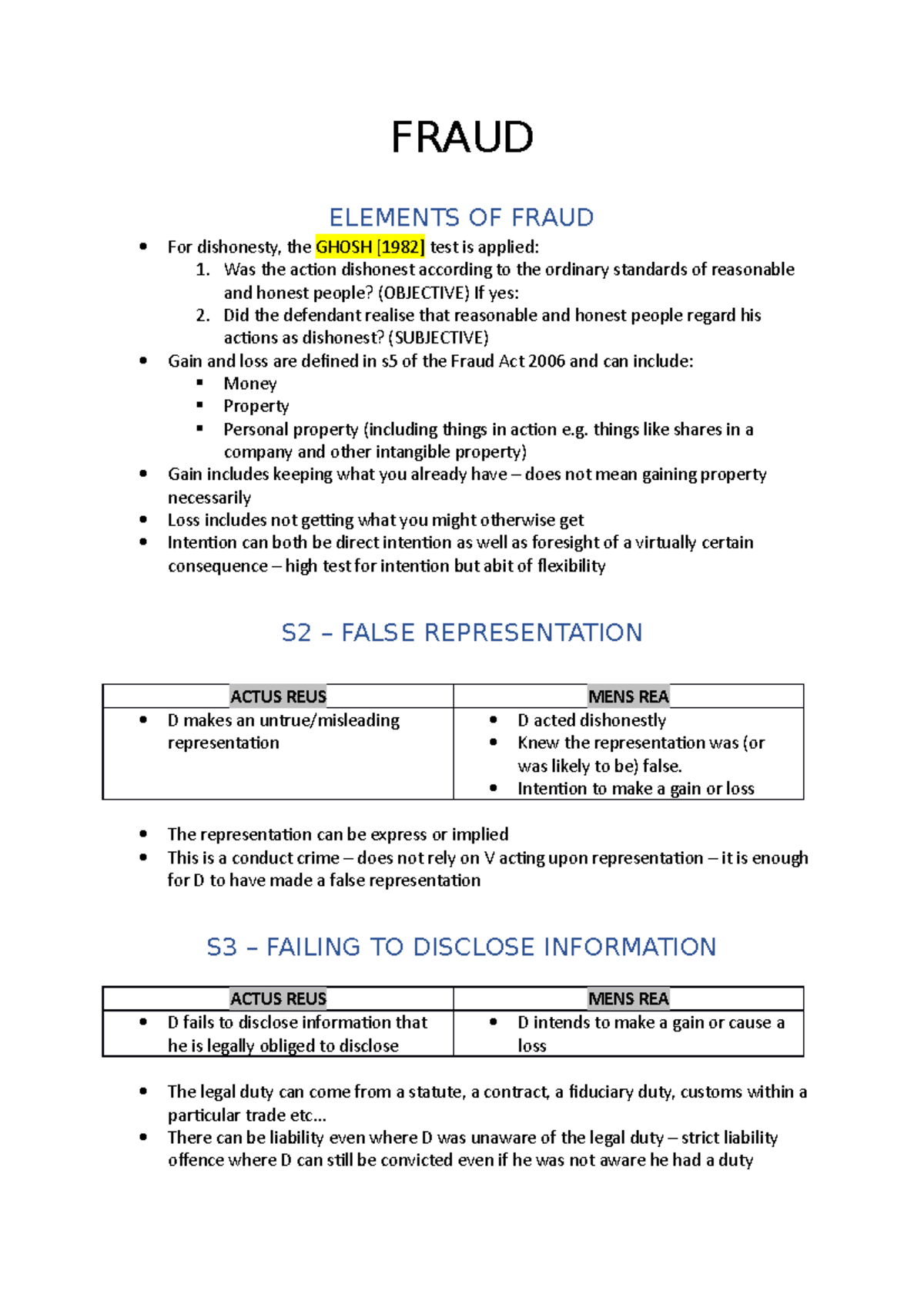 Fraud Revision - FRAUD ELEMENTS OF FRAUD For dishonesty, the GHOSH ...