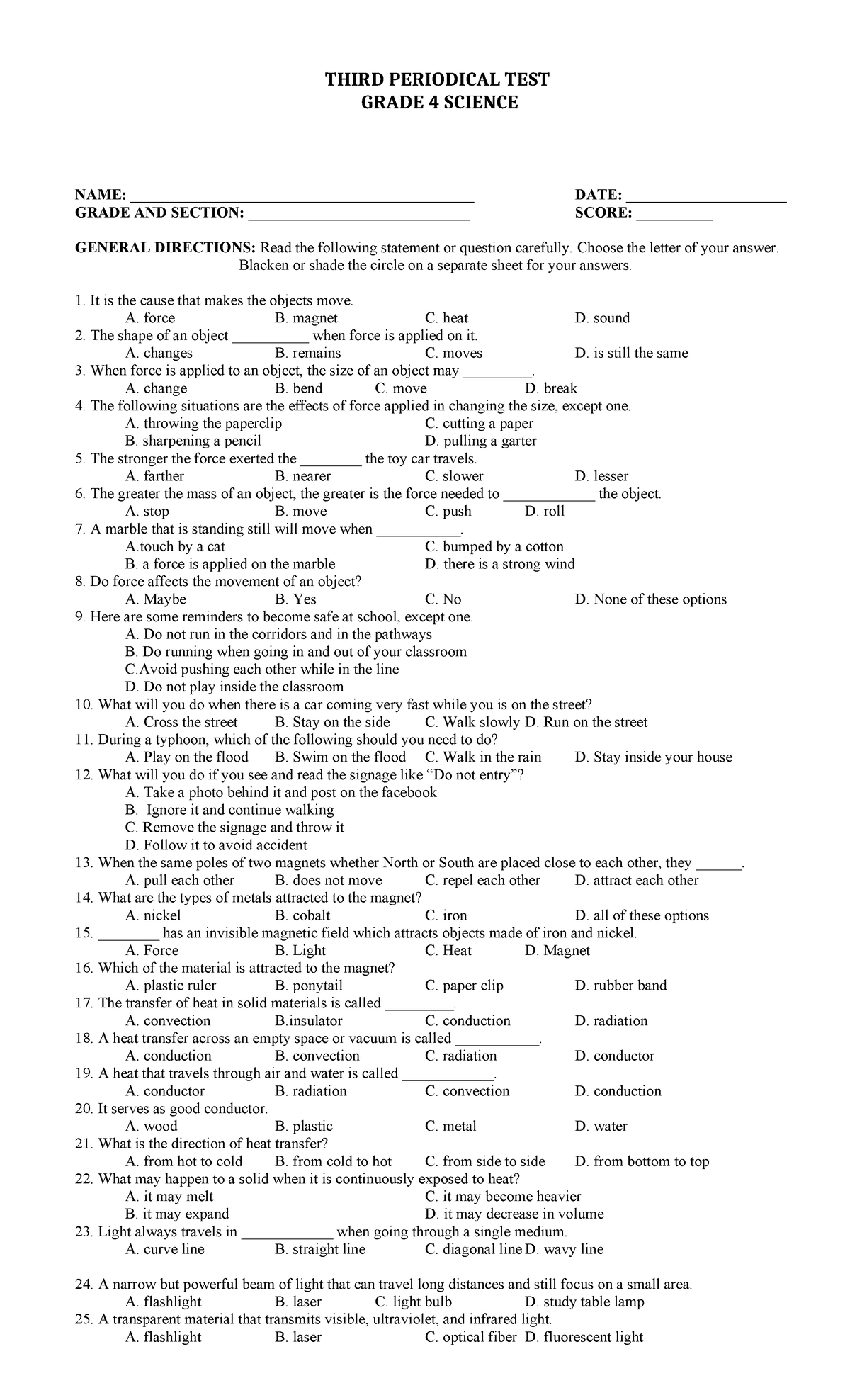 Grade 4 Science - Regular - THIRD PERIODICAL TEST GRADE 4 SCIENCE NAME ...
