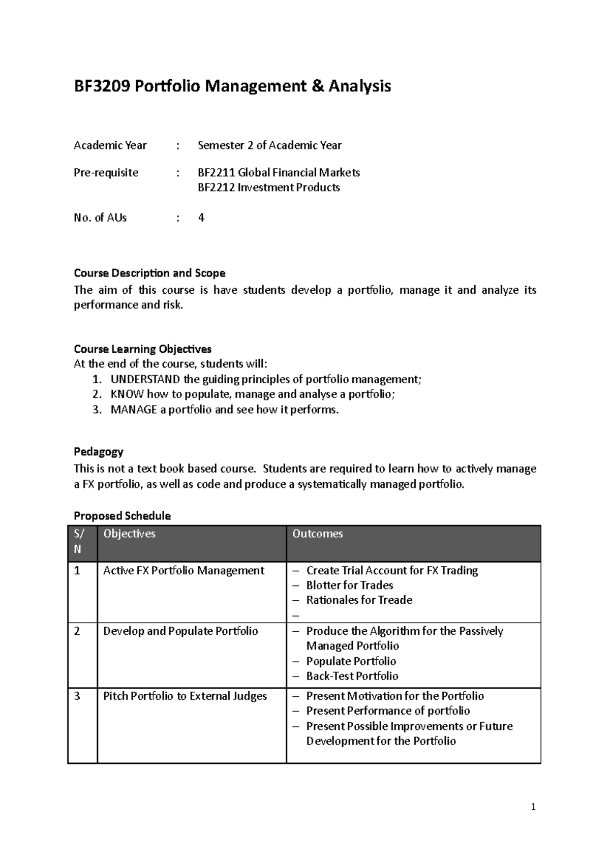 BF3209 Portfolio Management and Analysis Outline - BF3209 Portfolio ...