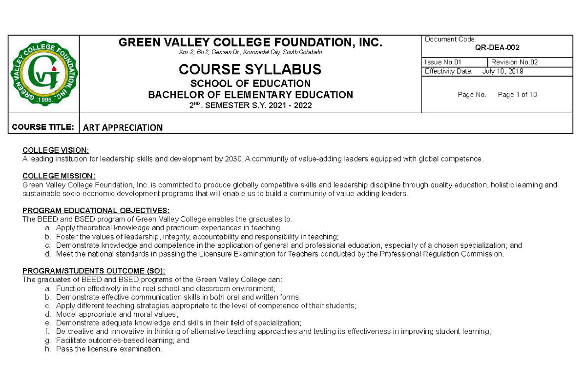 Art Appreciation syllabus BEED - GREEN VALLEY COLLEGE FOUNDATION, INC ...
