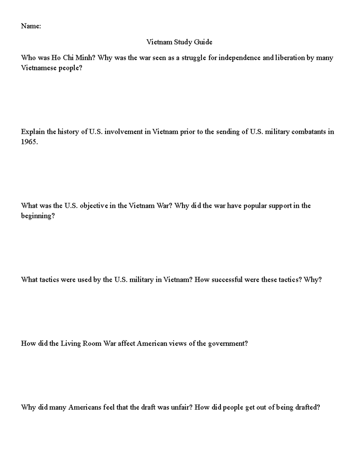 Vietnam Study Guide - Worksheet - Name: Vietnam Study Guide Who was Ho ...