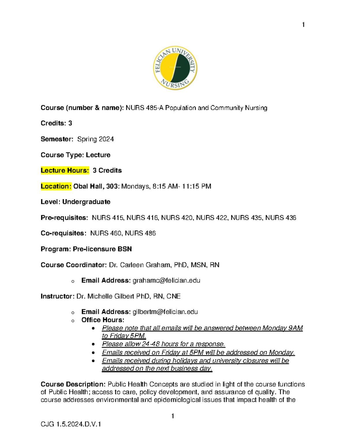 N485 Syllabus - 1 Course (number & name): NURS 485-A Population and ...