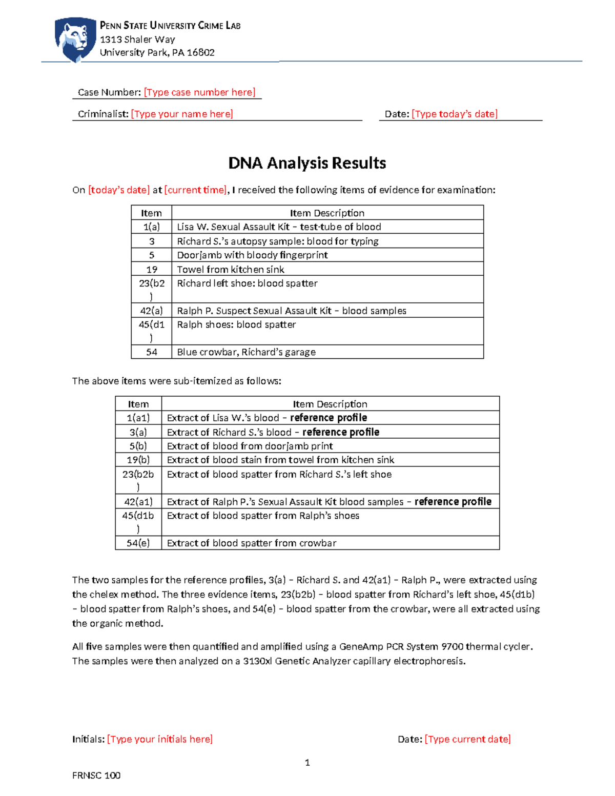 Case Notes - DNA Analysis Results-1 (1) - 1313 Shaler Way University ...