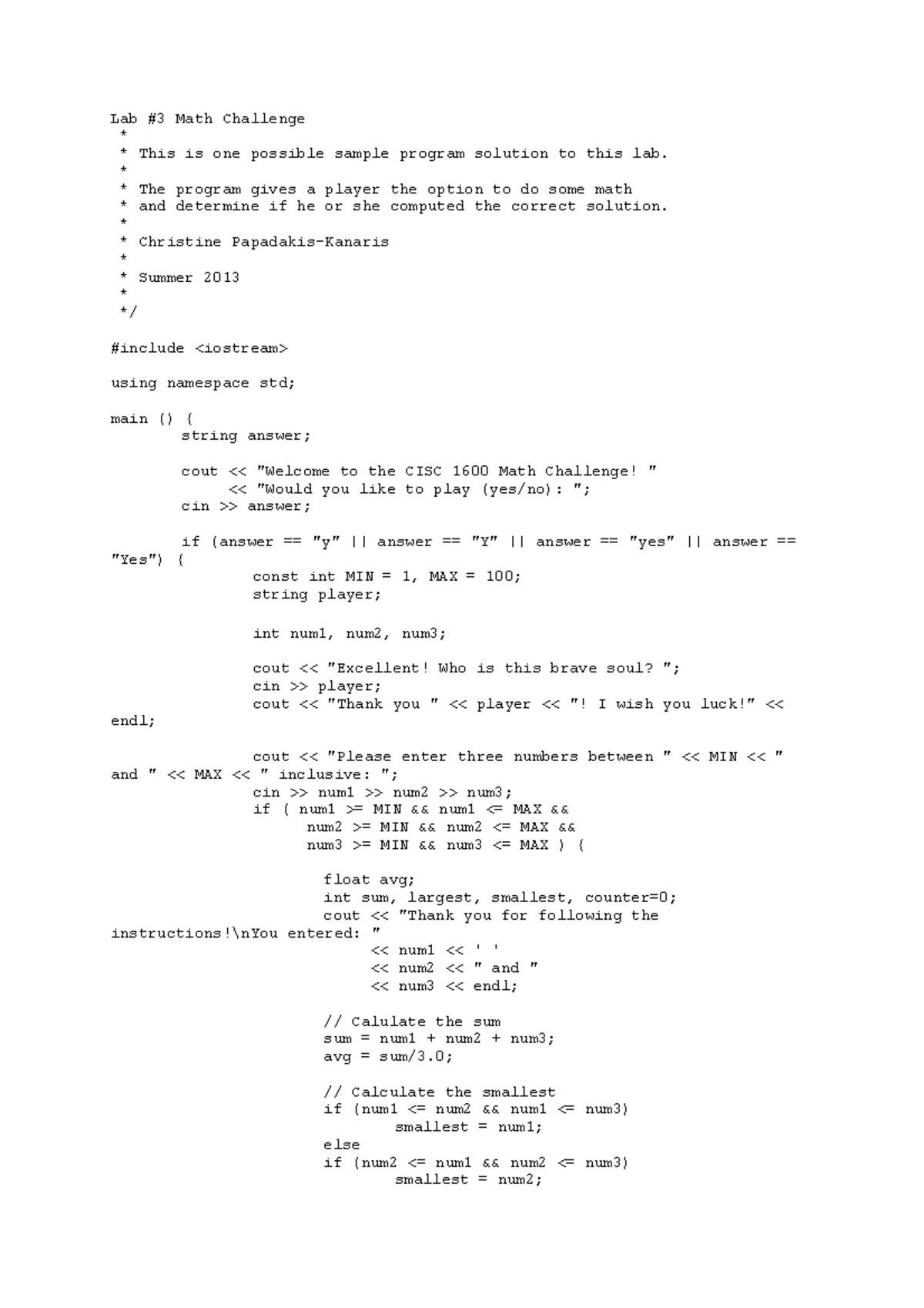 Possible sample program solution to lab 3 - Lab #3 Math Challenge ...