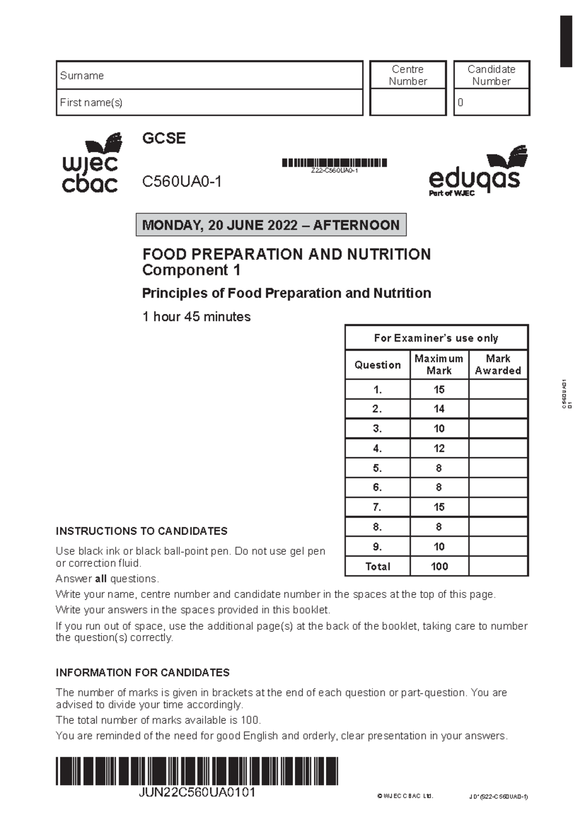 Z22-5560-01 - Exam style qs - C 5 6 0 U A 0 1 0 1 INSTRUCTIONS TO ...